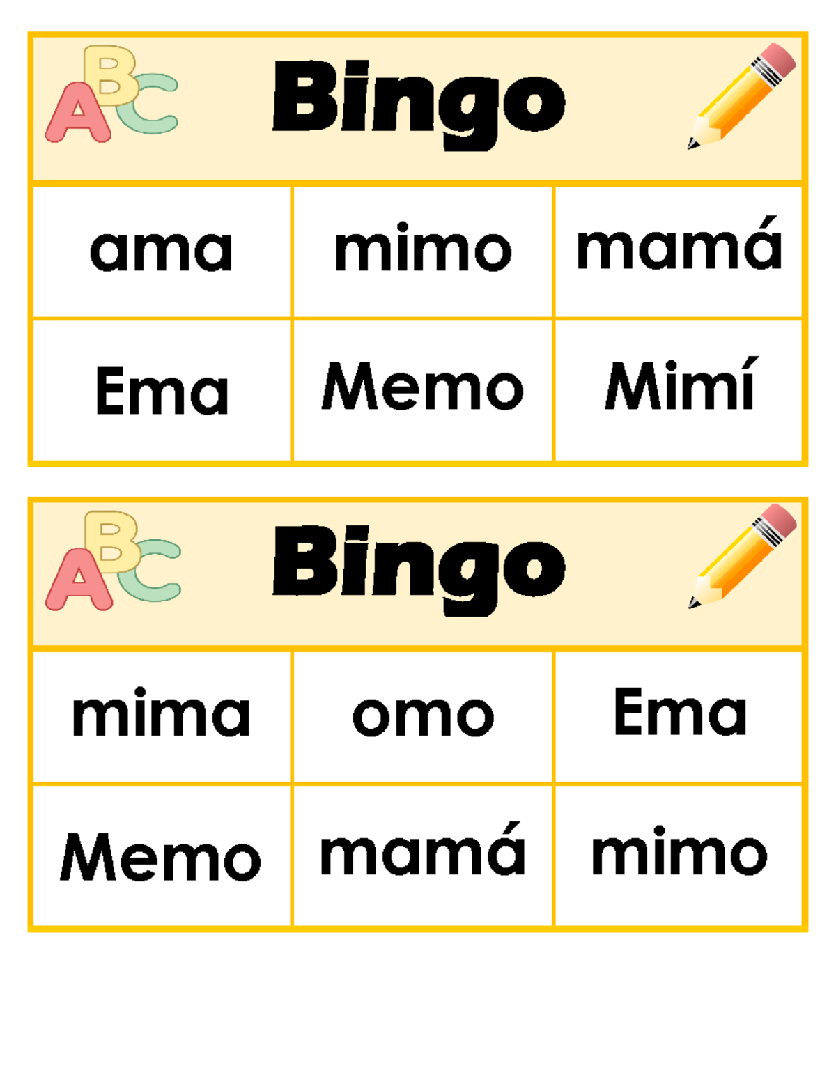 Bingo de palabras - ama mimo mamá Ema Memo Mimí Bingo mima omo Ema Memo ...
