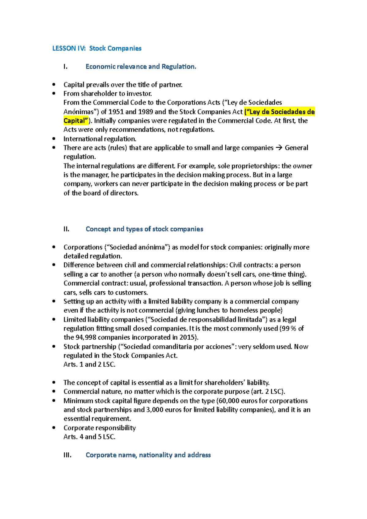 Lesson 4 - hbhbh - LESSON IV: Stock Companies I. Economic relevance and ...