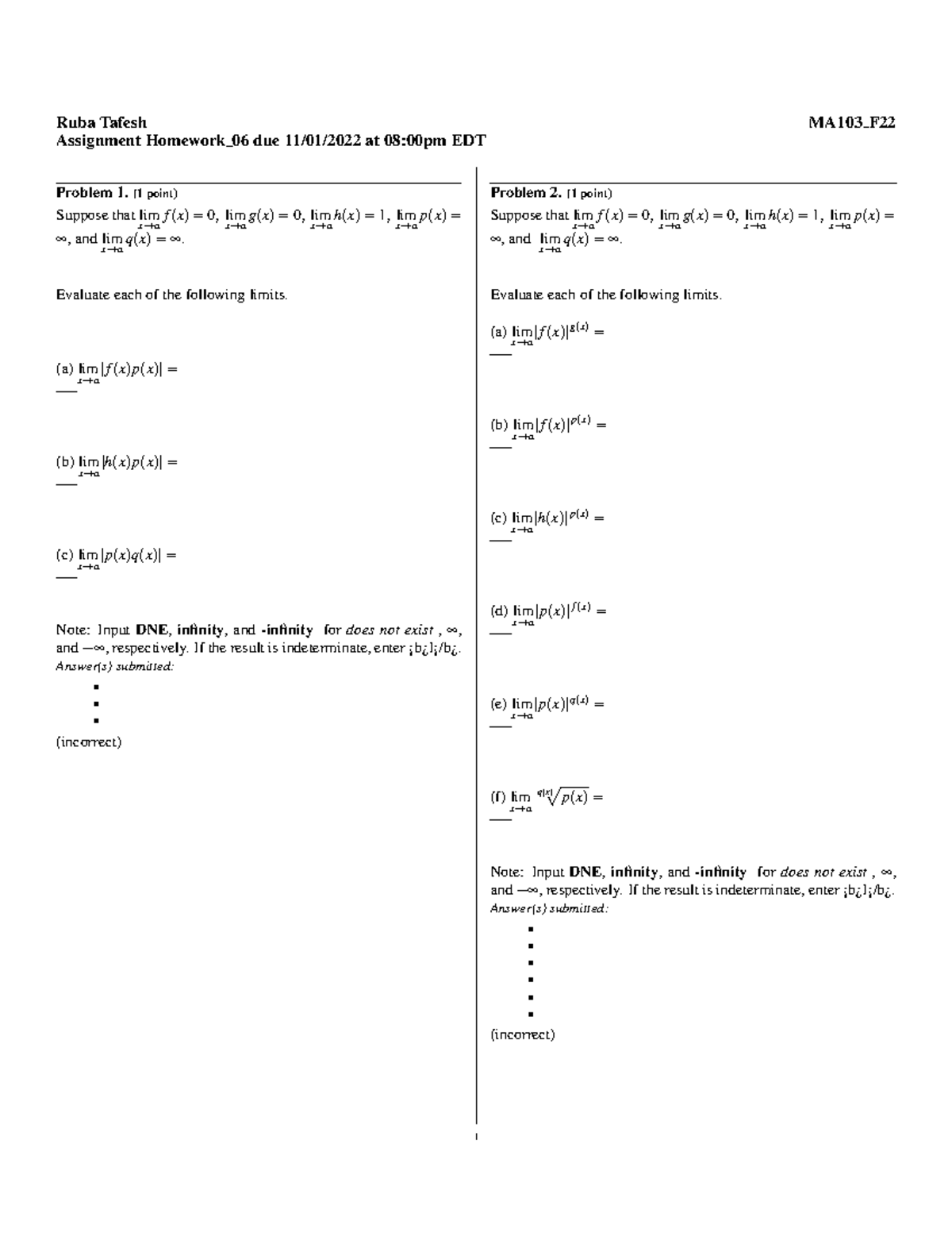 MA103 F22 - webwork homework 6 - Ruba Tafesh MA103 F Assignment Homework 06 due 11/01/2022 at ...