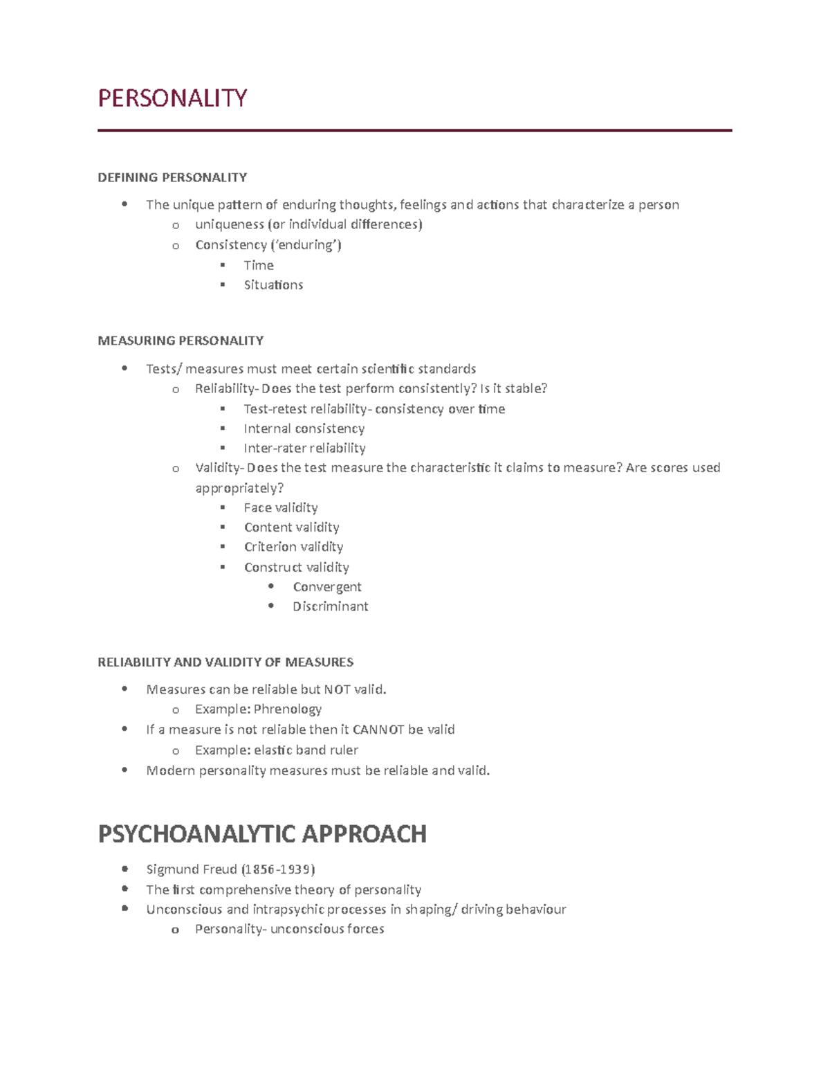 Notes - PSYCH - PERSONALITY DEFINING PERSONALITY The unique pattern of ...