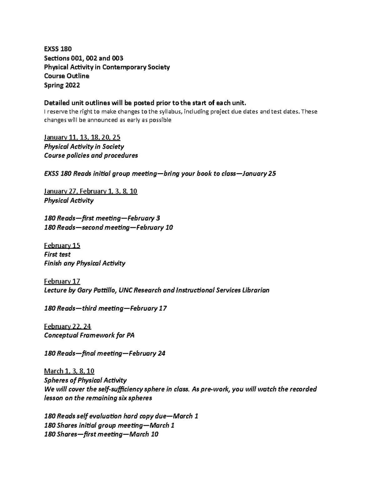 EXSS 180 Spring 2022 outline - EXSS 180 Sections 001, 002 and 003 ...