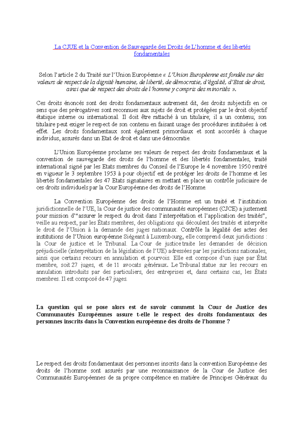La CJUE et la Convention de Sauvegarde des Droits de L’homme et des ...