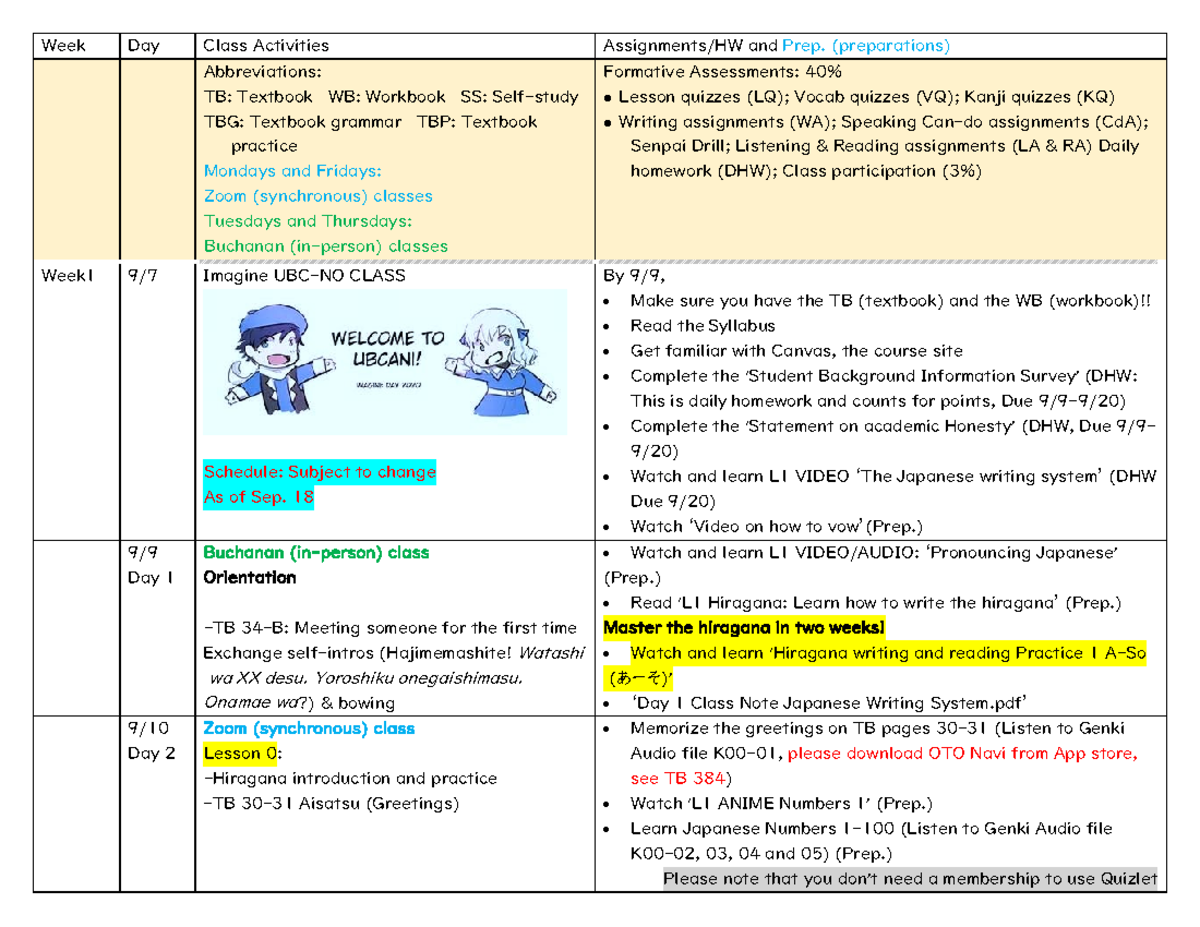 JAPAN 100 schedule - Week Day Class Activities Assignments/HW and Prep ...