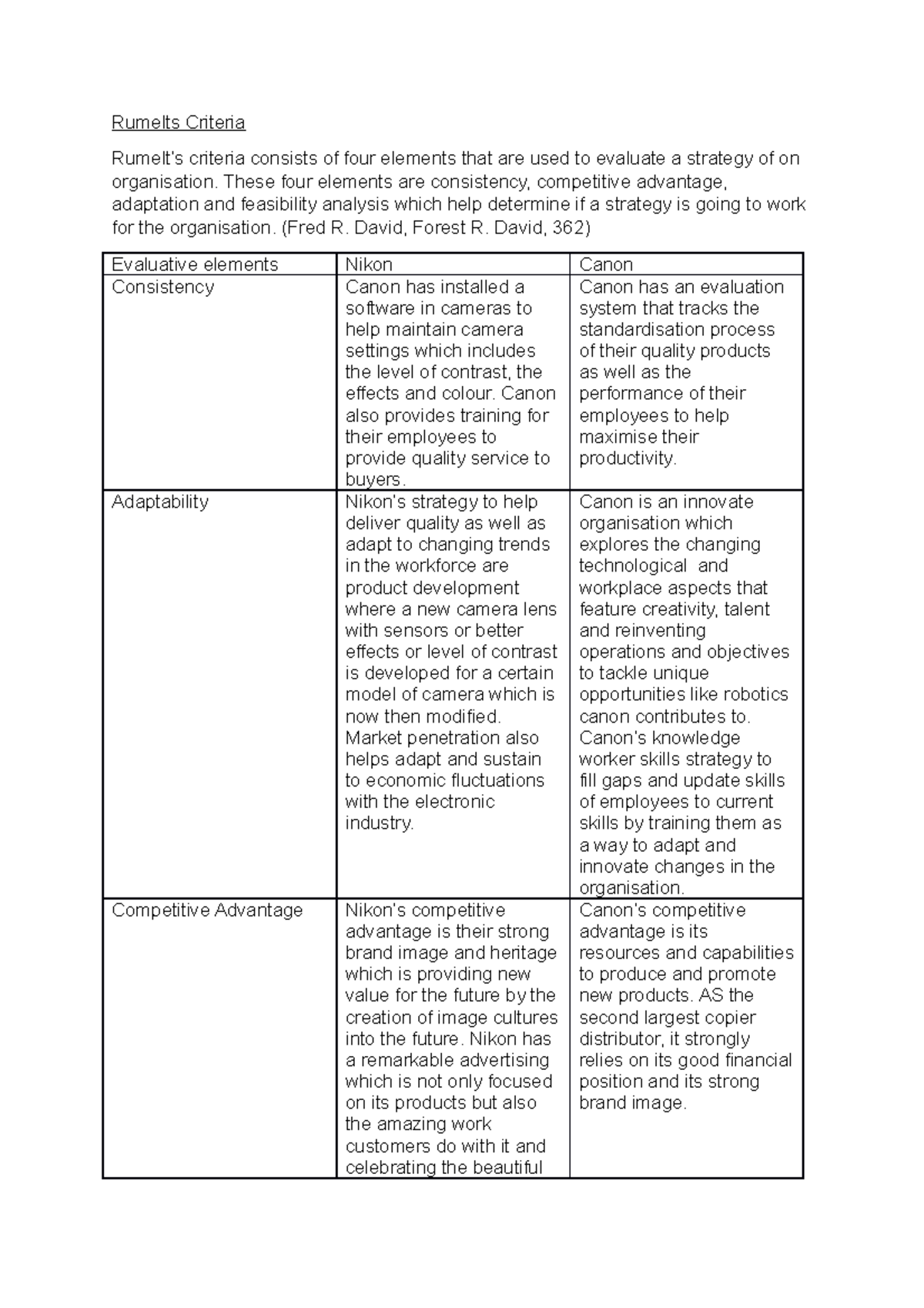 Business management coursework and notes - Rumelts Criteria Rumelt’s ...