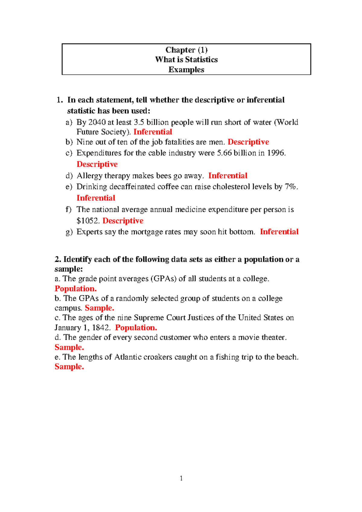 Examples chapter 1 - Statistics - 1 Chapter (1) What is Statistics ...
