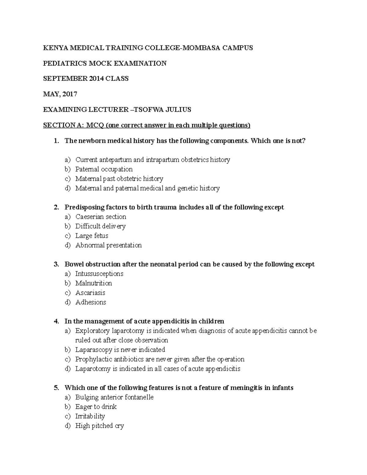 Paeds mock 2014 - Revision - KENYA MEDICAL TRAINING COLLEGE-MOMBASA ...