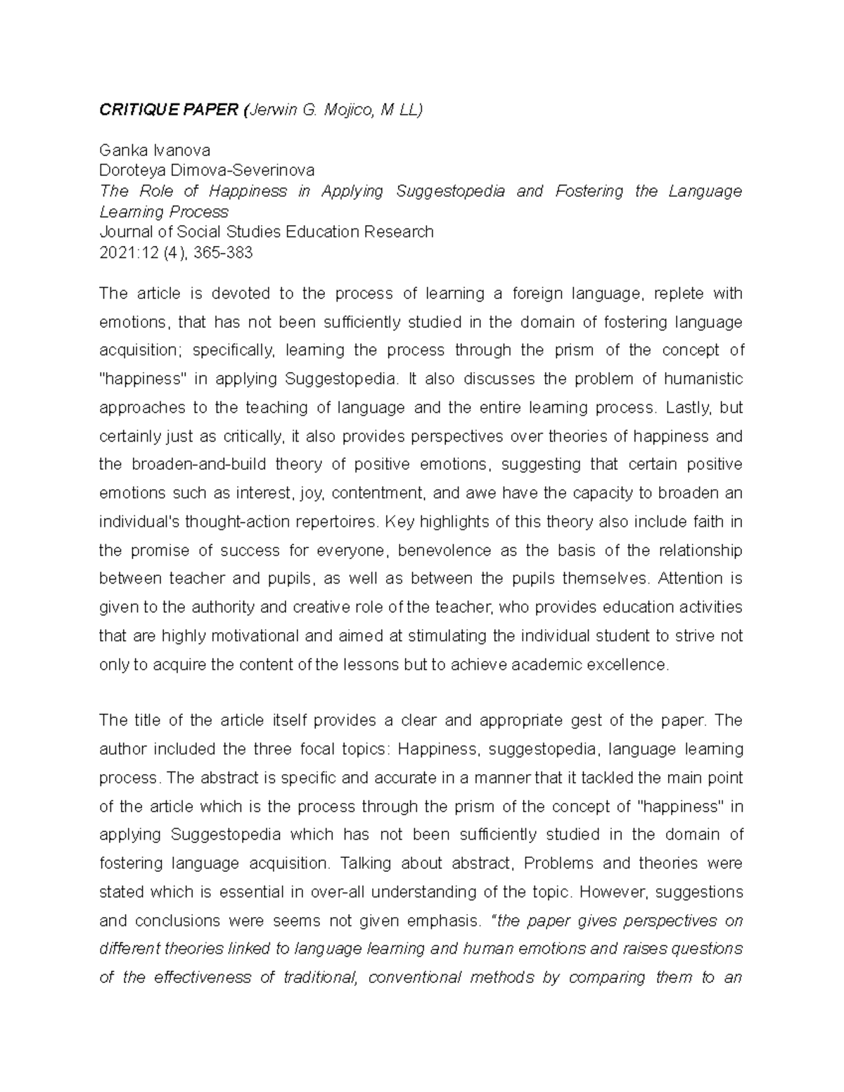 Critique paper - approaches in language teaching - CRITIQUE PAPER ...