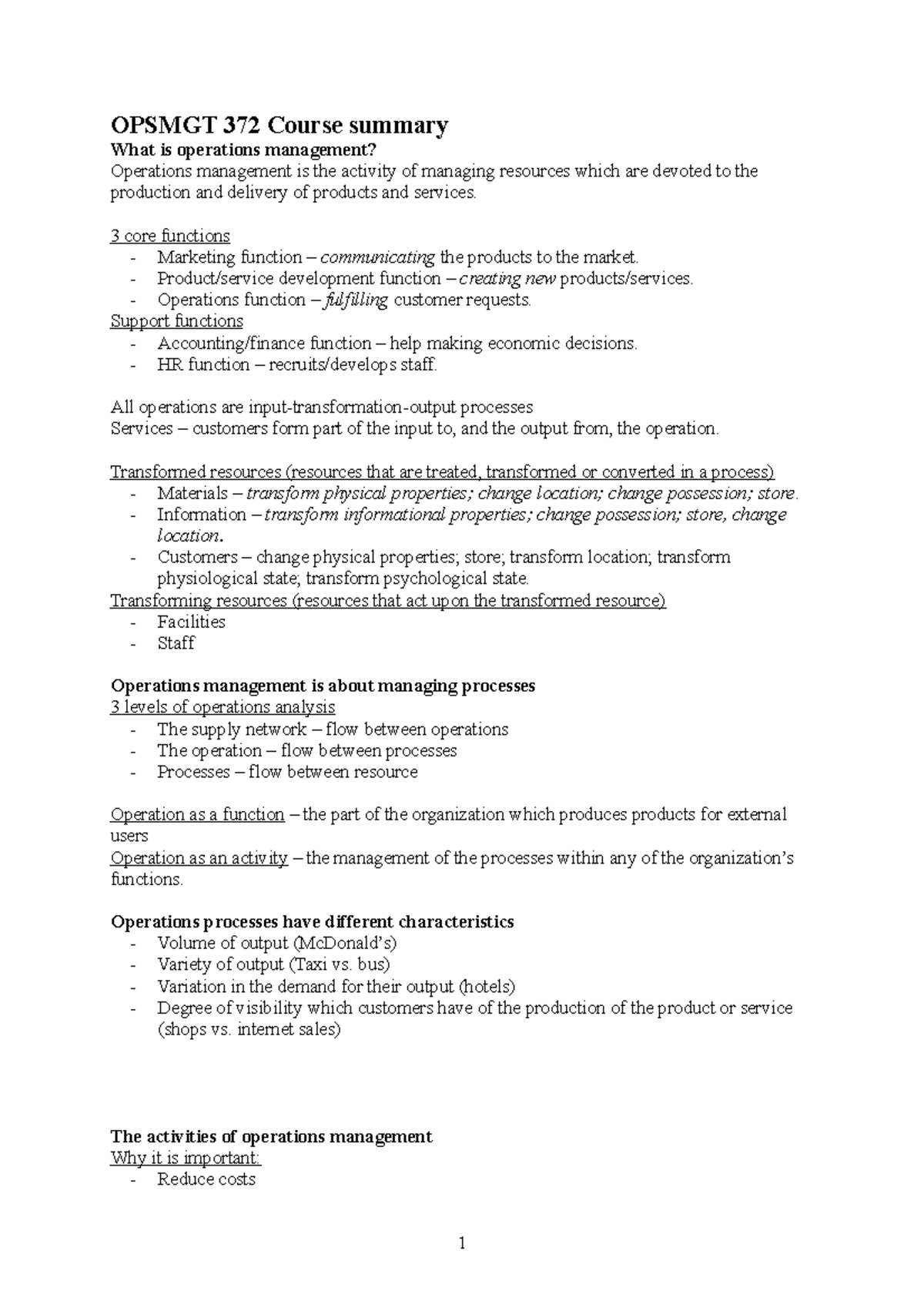 Operations management note - OPSMGT 372 Course summary What is ...