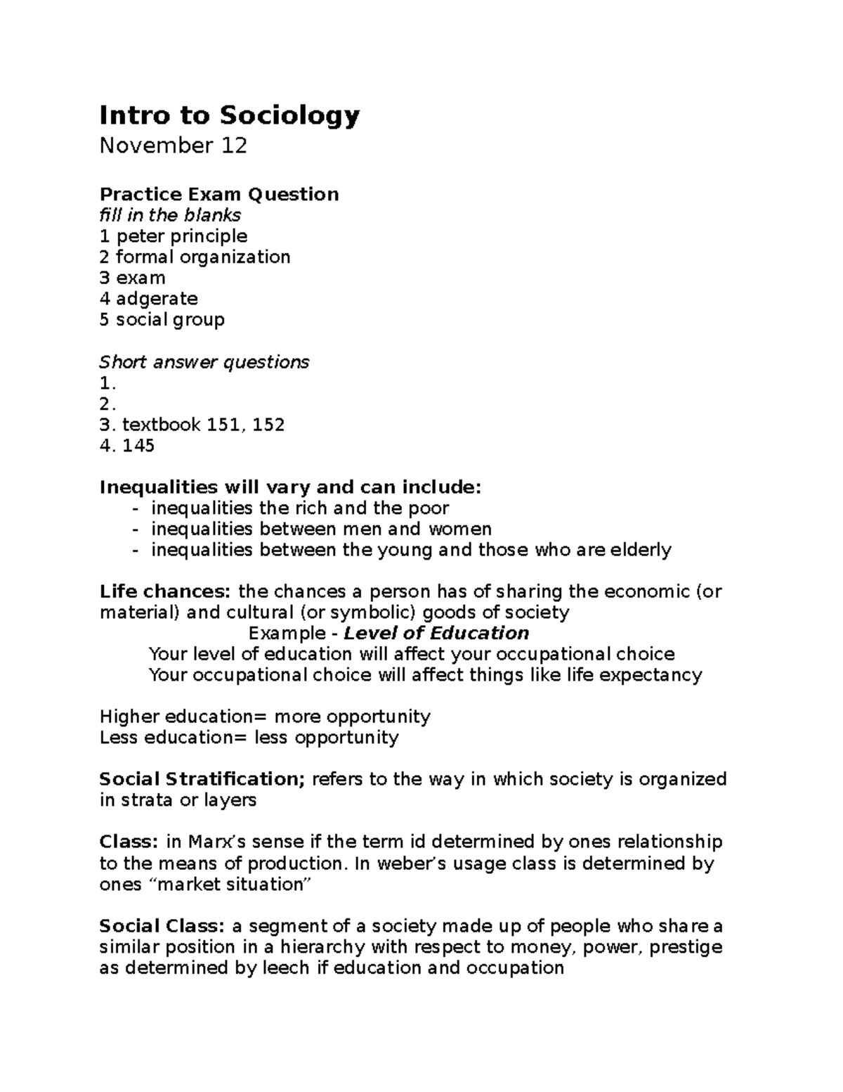 Lecture Notes Nov 12 - Intro to Sociology November 12 Practice Exam ...