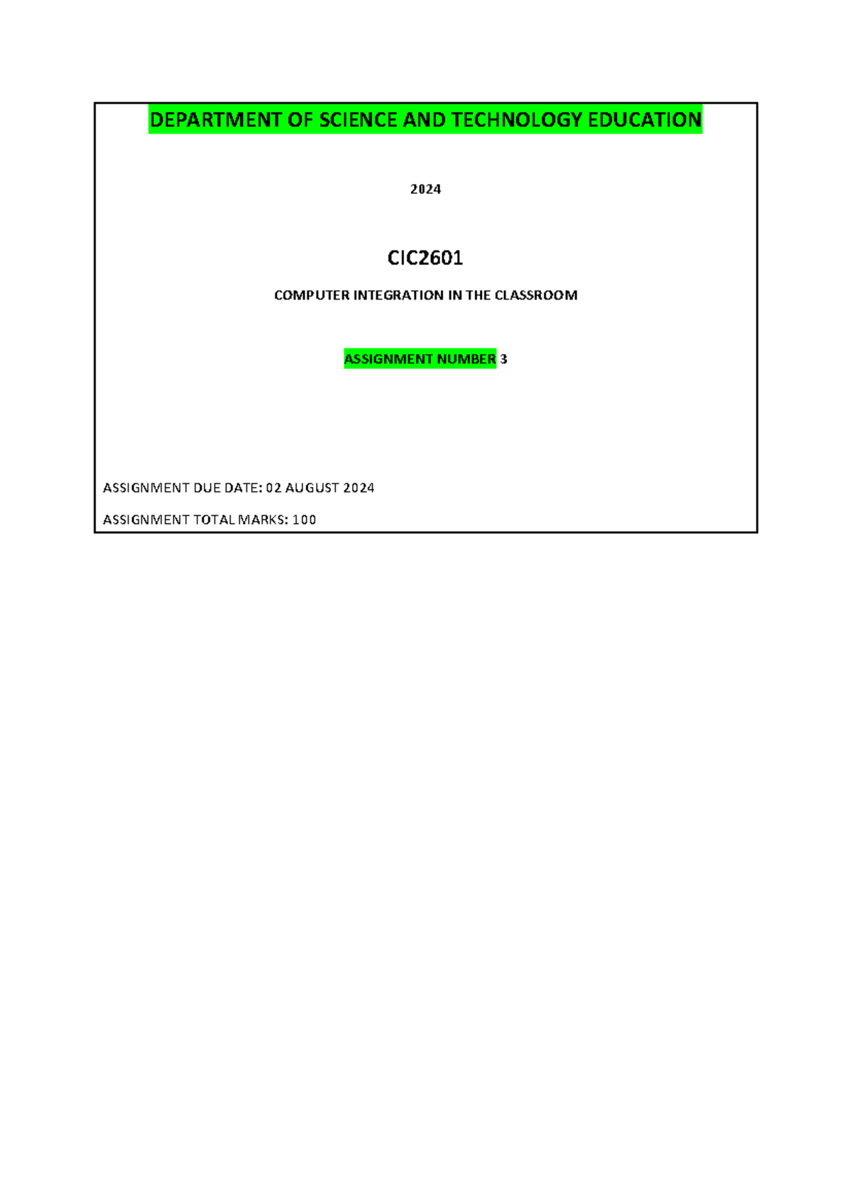 CIC2601 - CIC ASSIGNMENT THAT WILL GIVE YOU A CLUE - DEPARTMENT OF ...