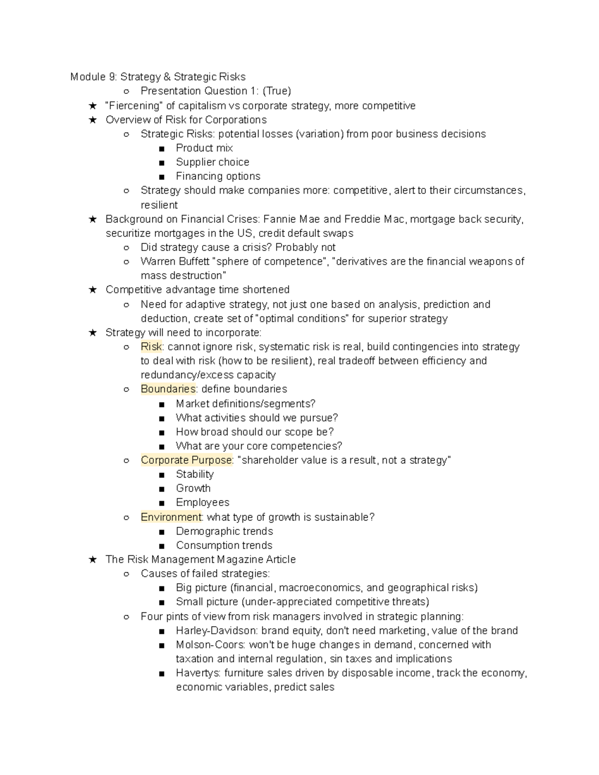 Module 9 Lecture notes Strategy & Strategic Risks - RMI 2302 - FSU ...