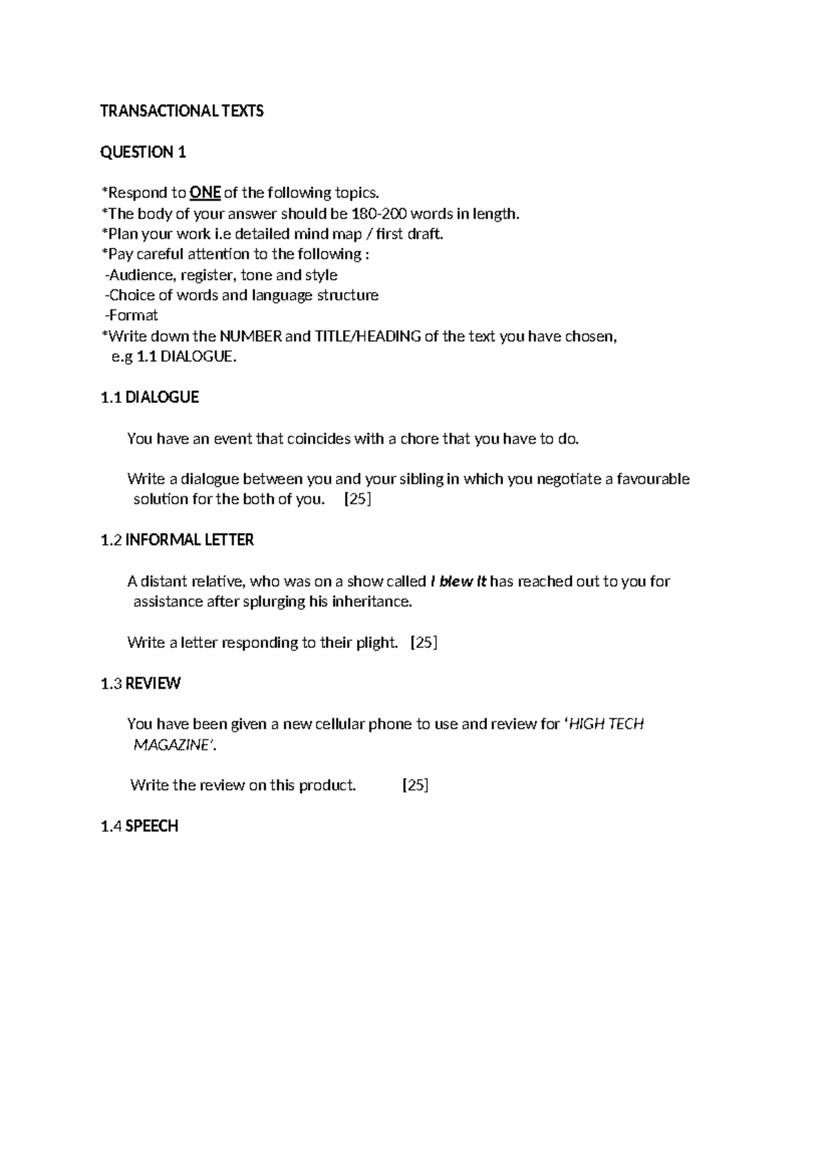 GR 11 TEST 24 - ass - TRANSACTIONAL TEXTS QUESTION 1 *Respond to ONE of ...