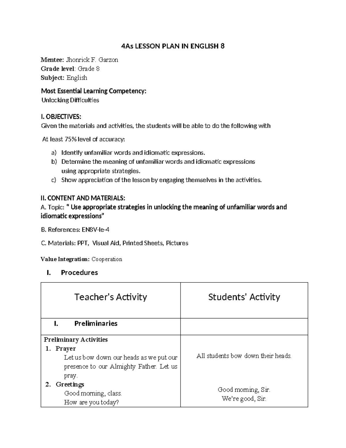LP Analogy Lesson plan 7 - 4As LESSON PLAN IN ENGLISH 8 Mentee ...