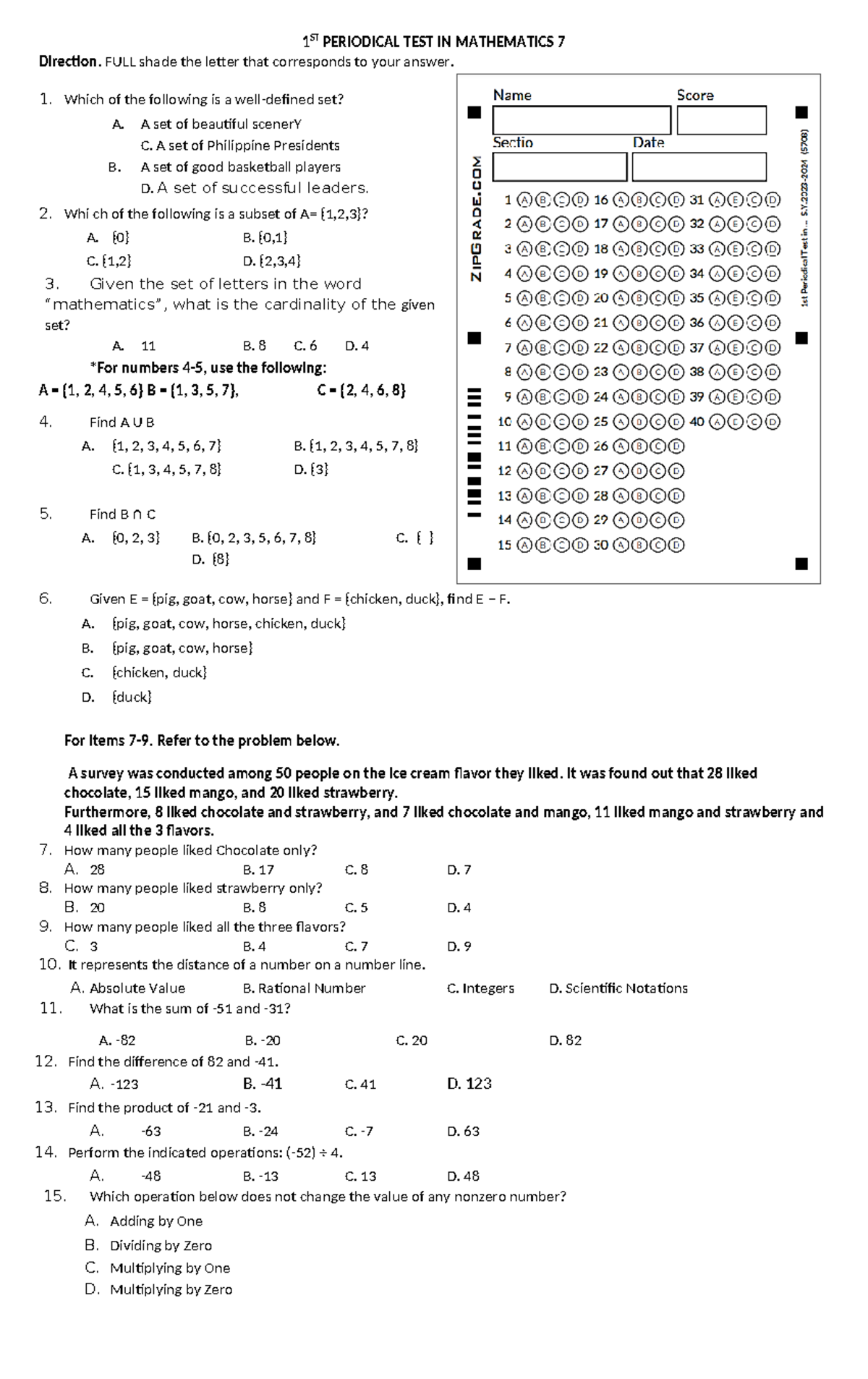 1st Periodical test-quarter 1 Math 7-2023-2024 - 1 ST PERIODICAL TEST ...