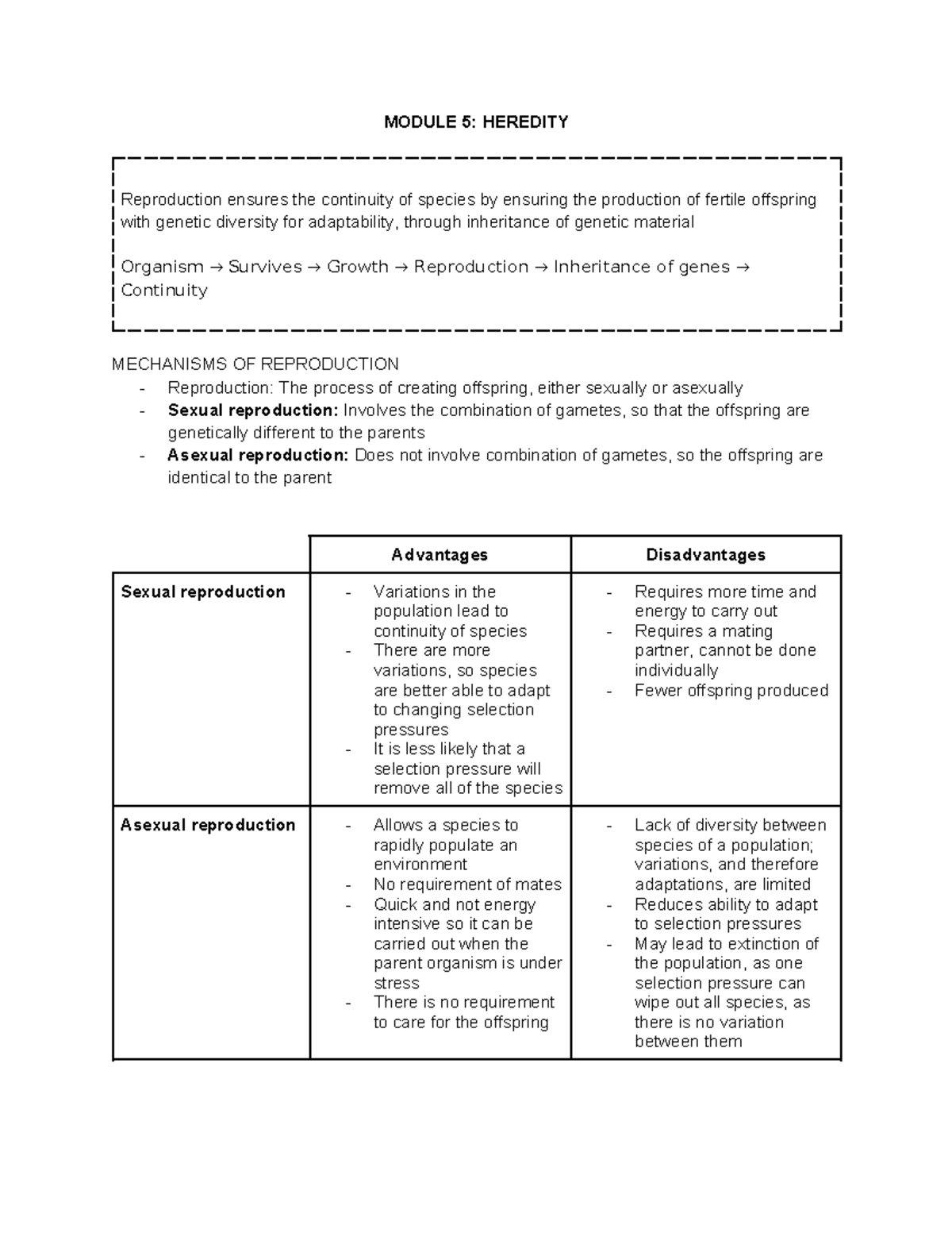 BIO Module 5 - MODULE 5: HEREDITY Reproduction ensures the continuity ...