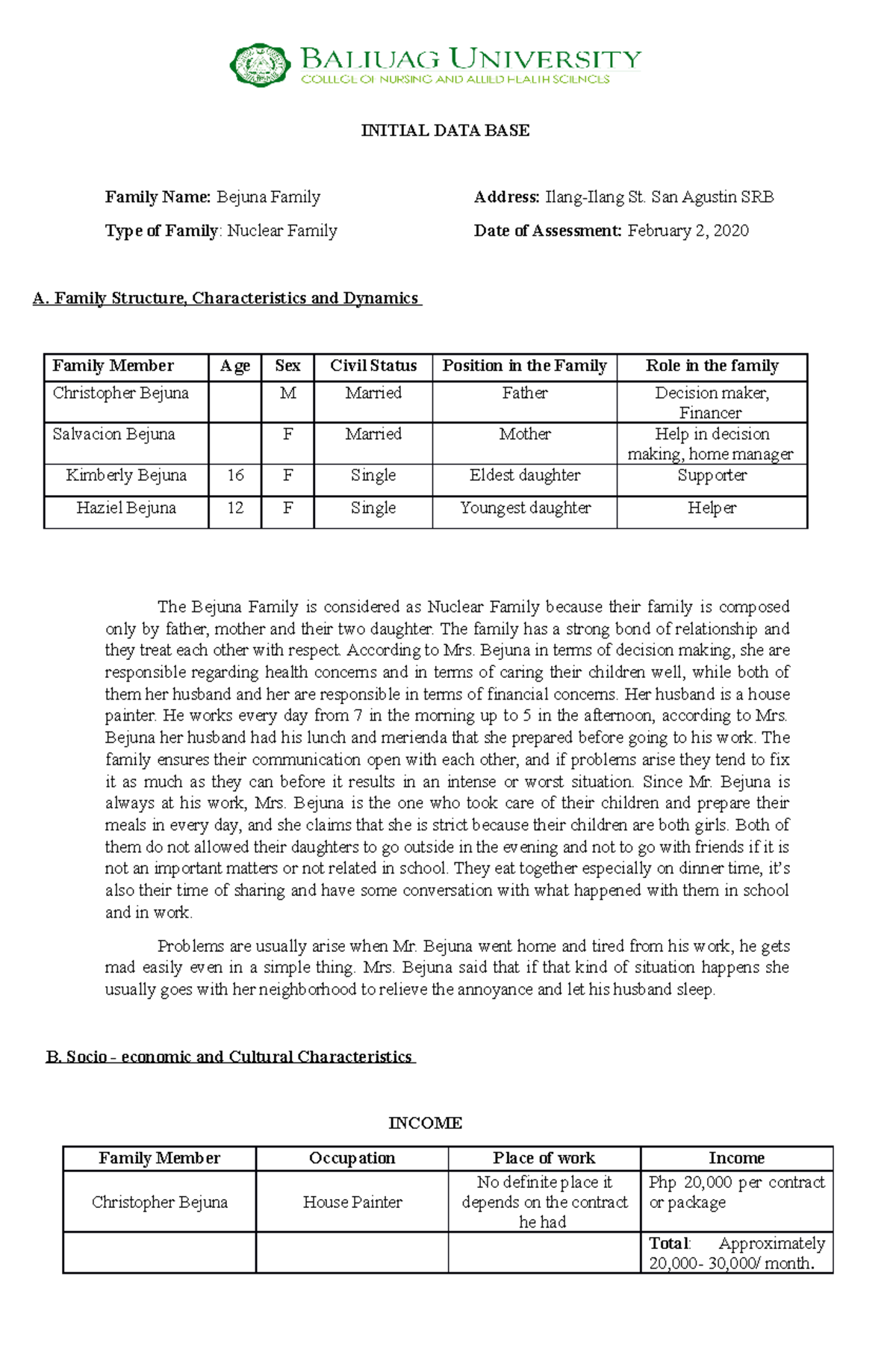 Initial Database Record Bejuna Family 1 - INITIAL DATA BASE Family Name ...