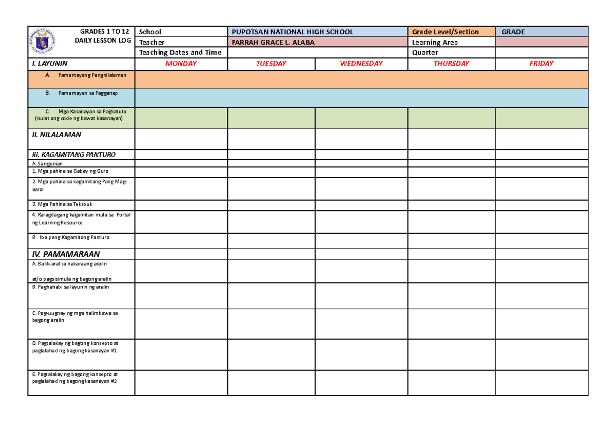 DLL- Blank-Filipino - for lecture purposes - GRADES 1 TO 12 DAILY ...