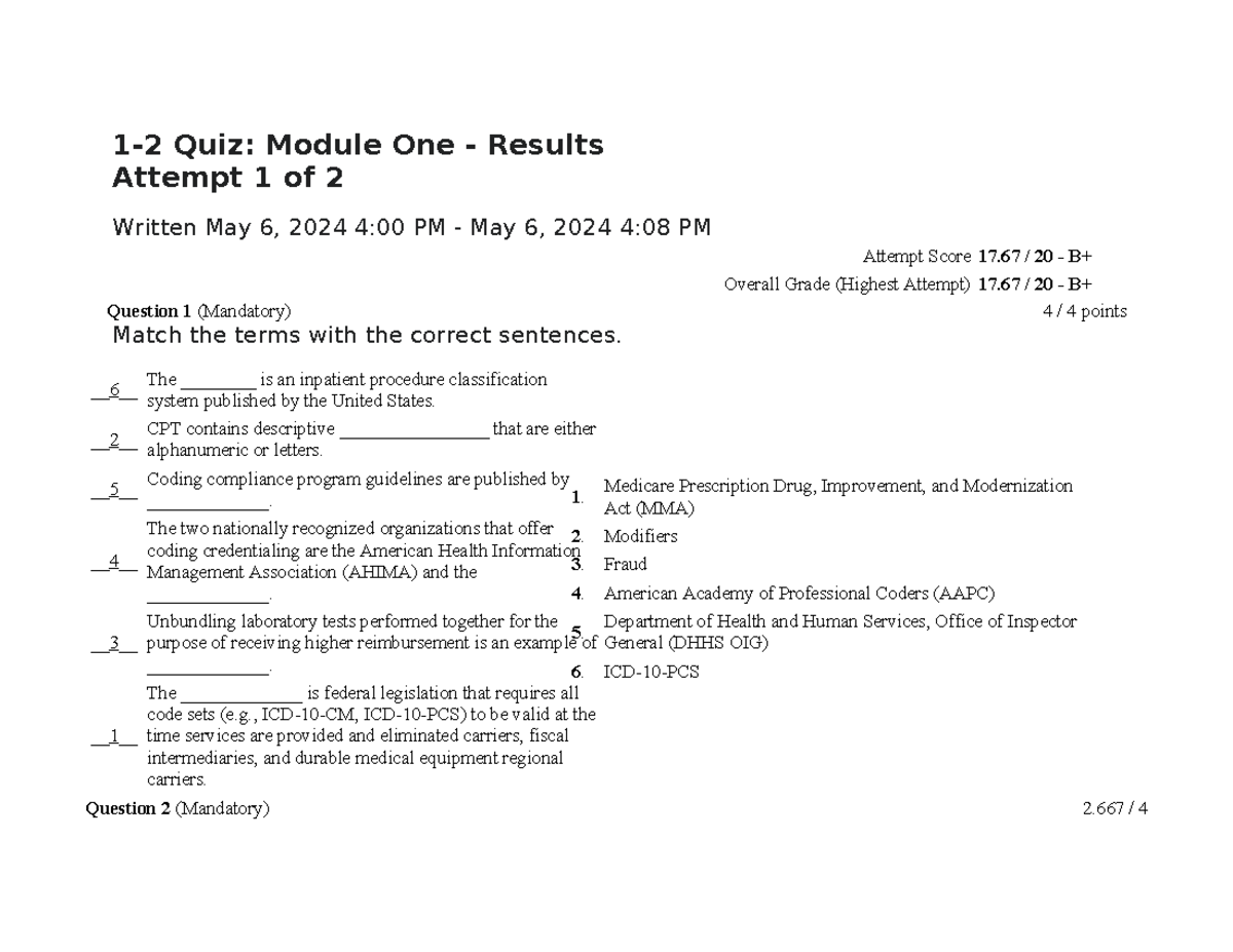 1-2 Quiz-HIM-215 - Quiz - 1-2 Quiz: Module One - Results Attempt 1 of 2 ...