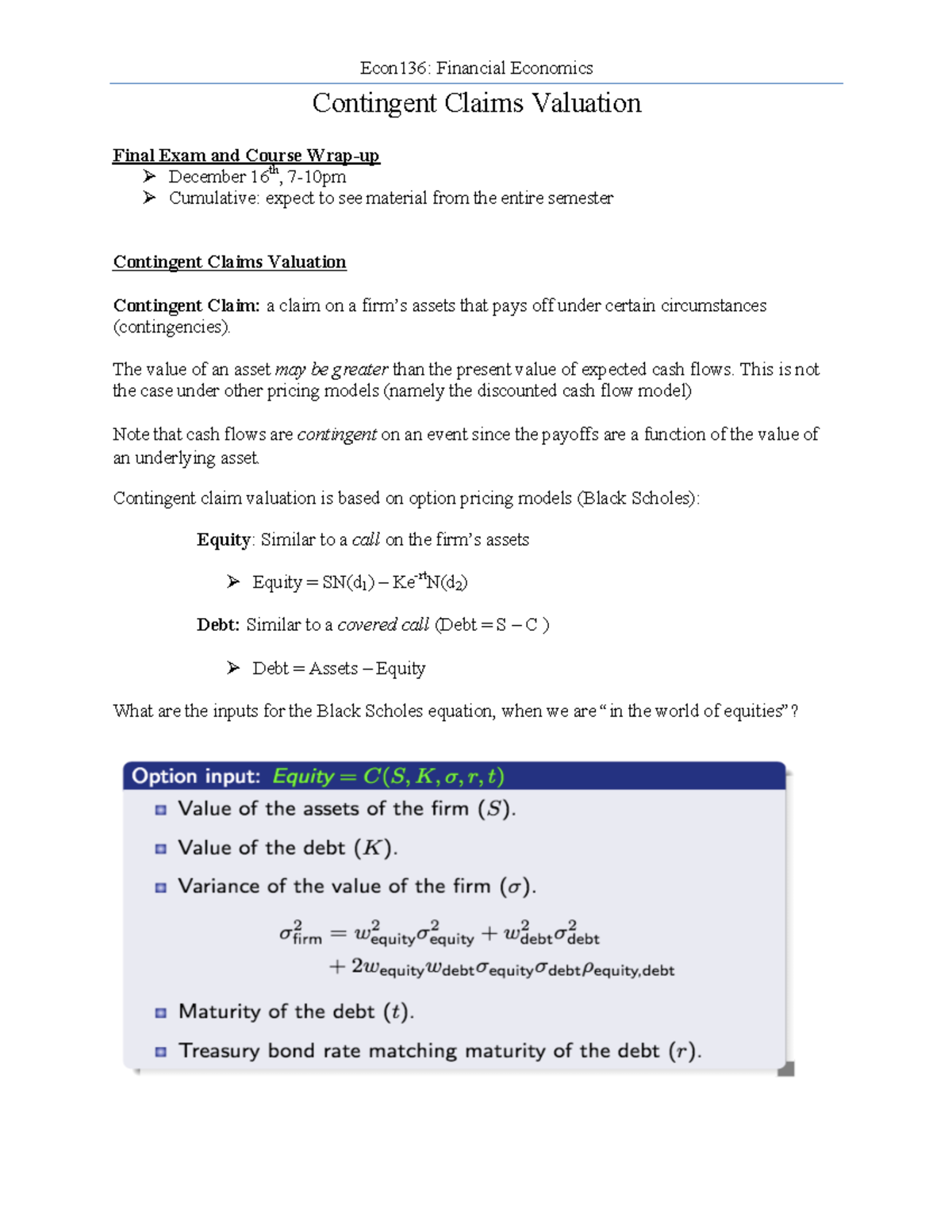 Week 12 - Equities 3 - Contingent Claims - Econ136: Financial Economics ...