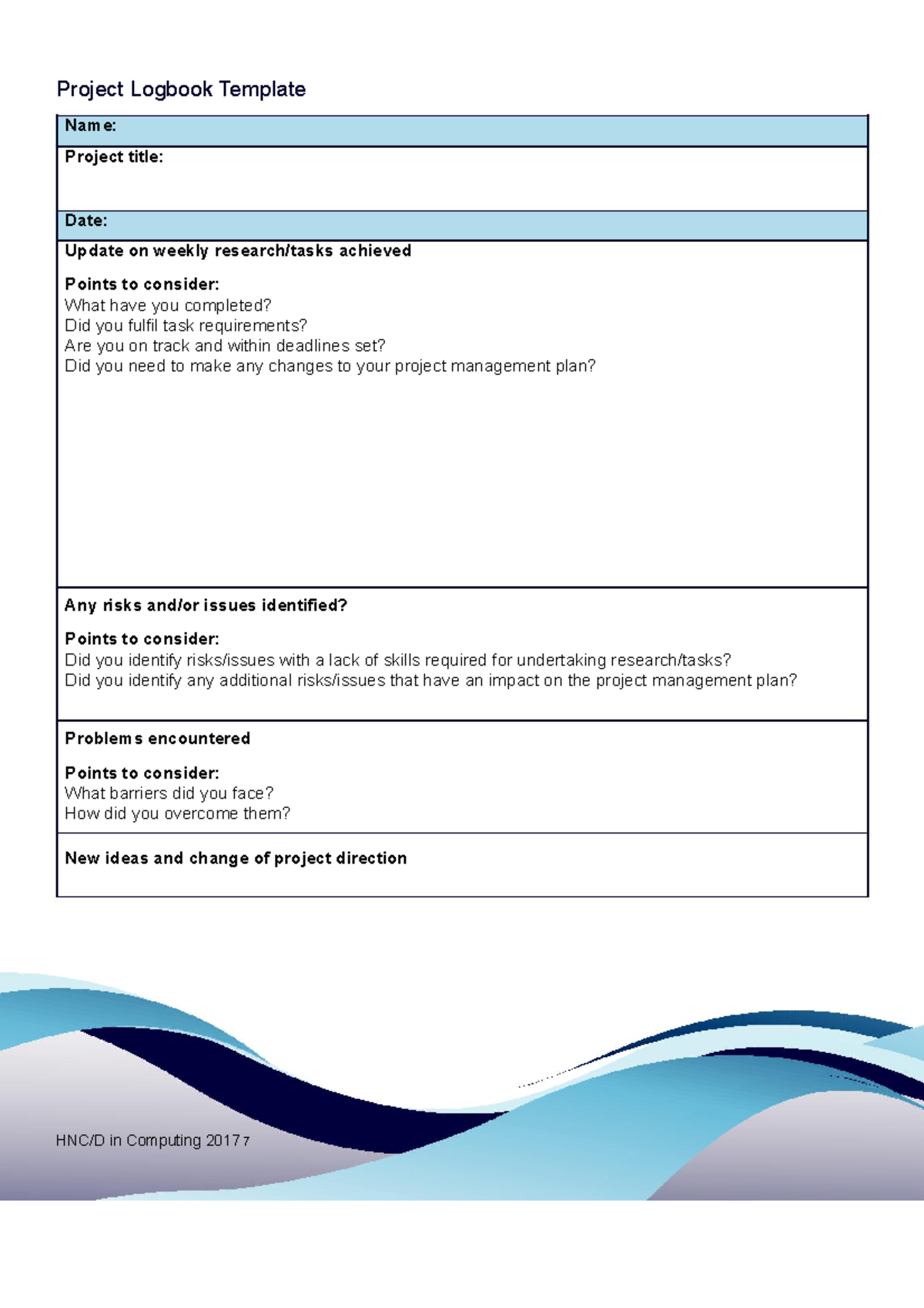 Logbook template - document - Project Logbook Template Name: Project ...