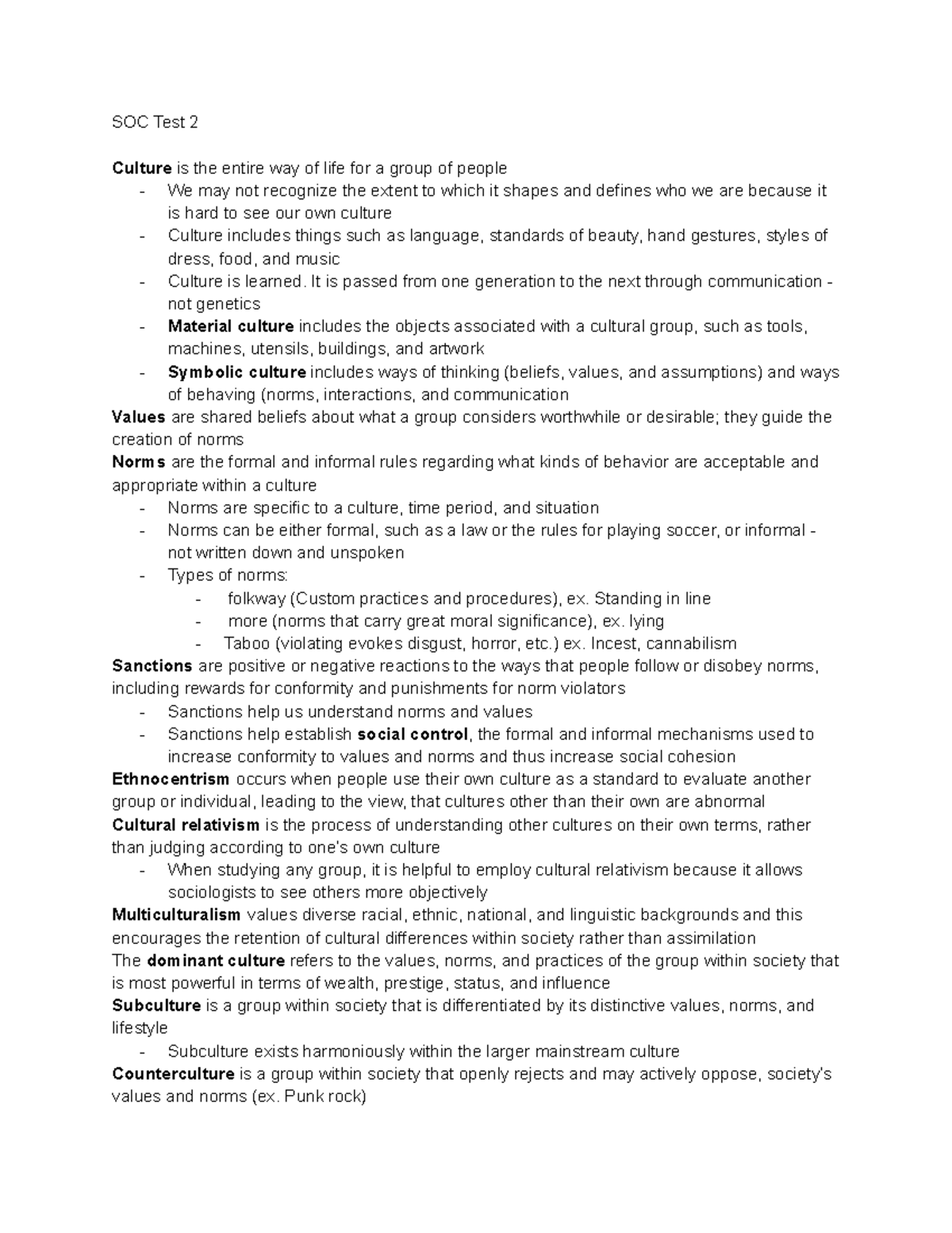 Sociology notes for exam 2 - SOC Test 2 Culture is the entire way of ...