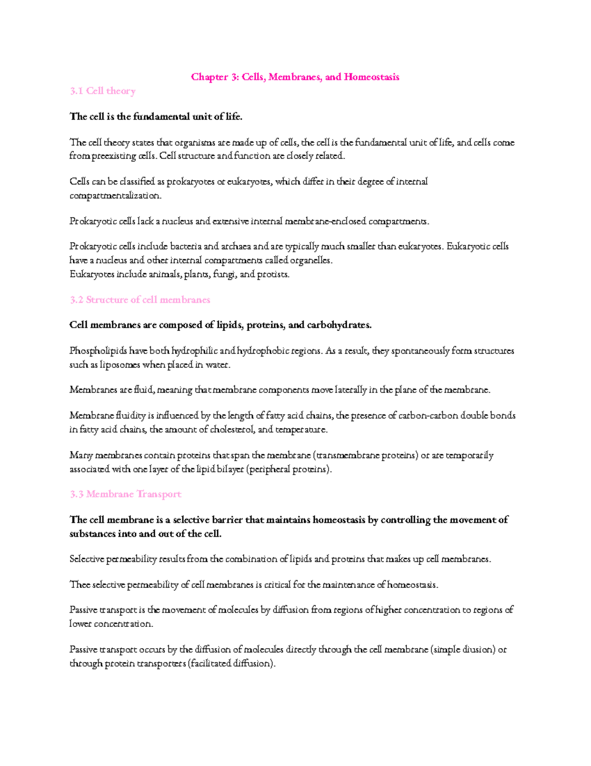 Module 02 Core Concepts - Chapter 3: Cells, Membranes, and Homeostasis 3 Cell theory The cell is ...