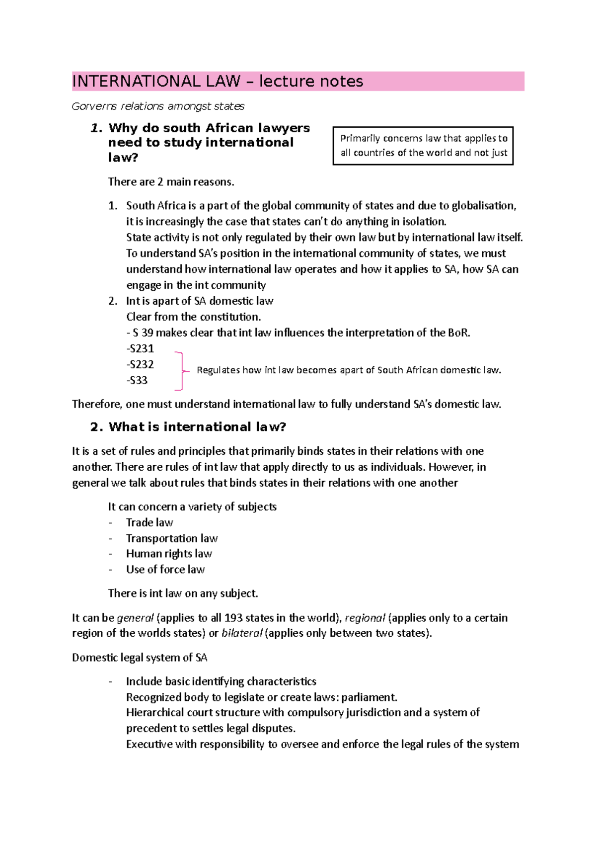 International LAW week 1 - INTERNATIONAL LAW – lecture notes Gorverns ...
