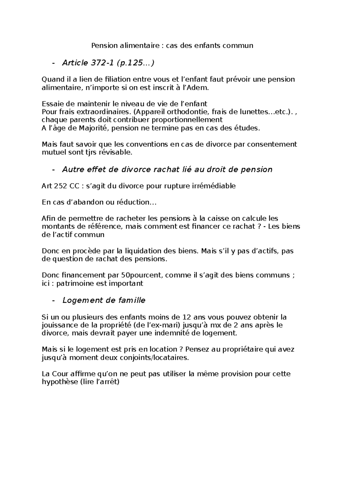 Pension alimentaire - notes - Pension alimentaire : cas des enfants ...
