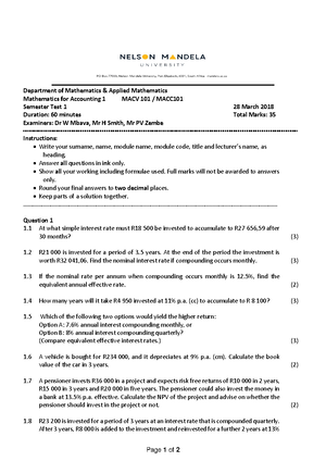 MACV101 - Mandela - Mathematics for Accountancy - Studocu