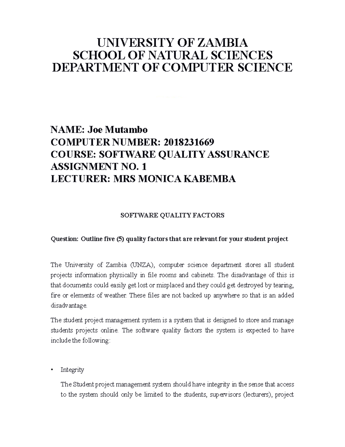 Software Quality Factors by joe mutambo-2018 231669 - UNIVERSITY OF ...