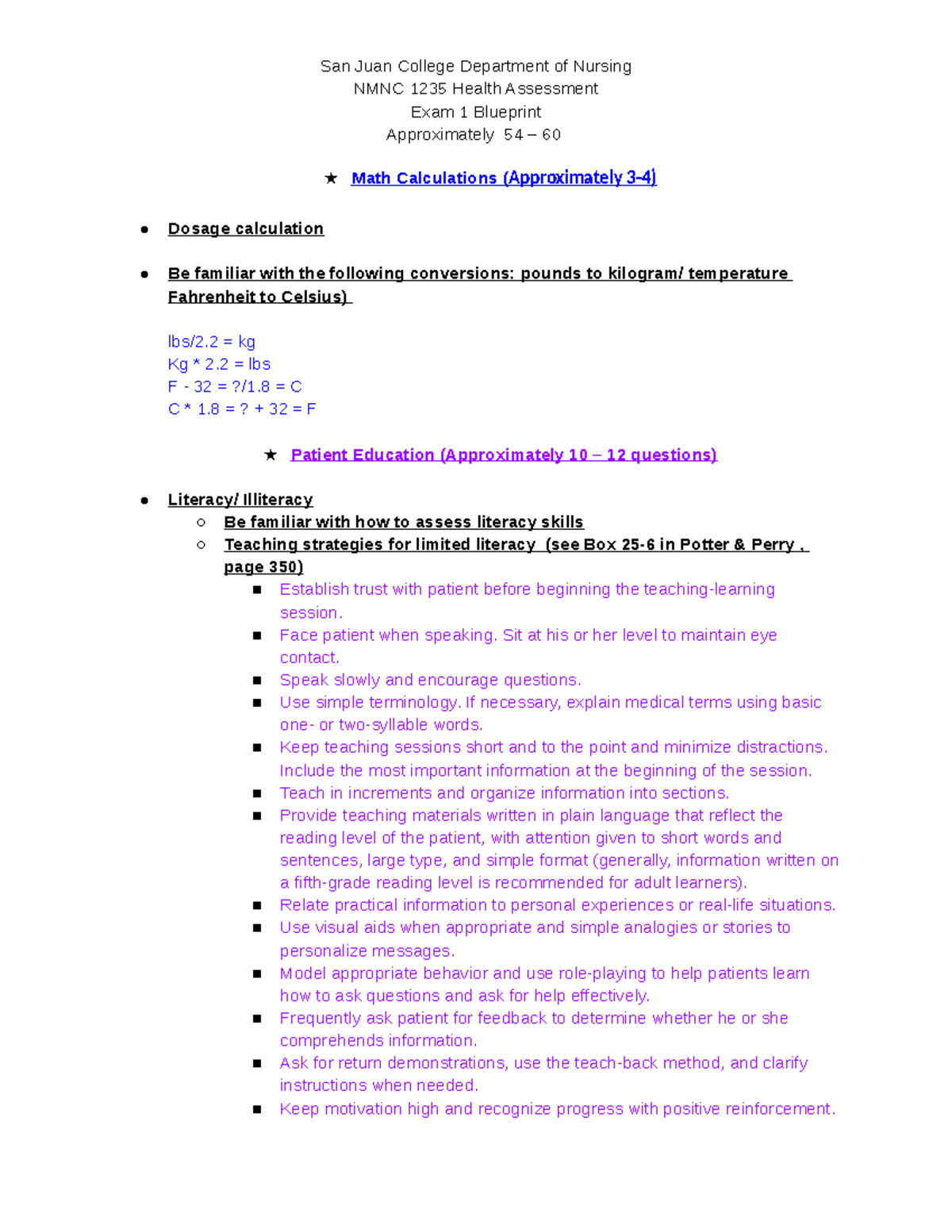 NMNC 1235 Exam 1 Blueprint - NMNC 1235 Health Assessment Exam 1 ...