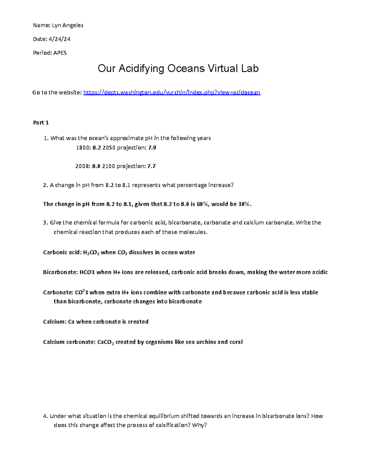 Ocean Acidification Virtual Lab - Name: Lyn Angeles Date: 4/24/ Period ...