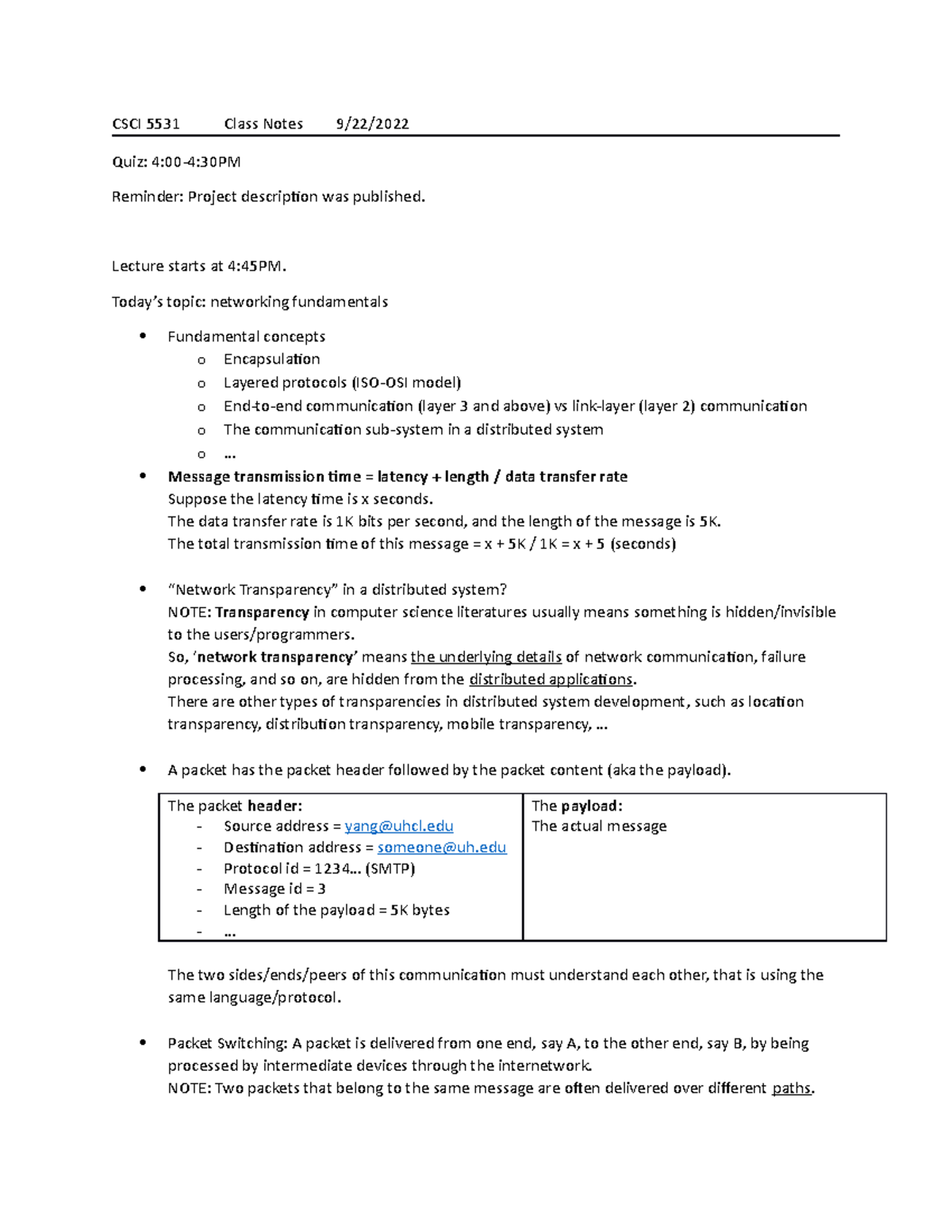 Csci 5531class Notes 9 22 2022 Networking Csci 5531 Class Notes 9 22 Quiz 4 00 4 30pm