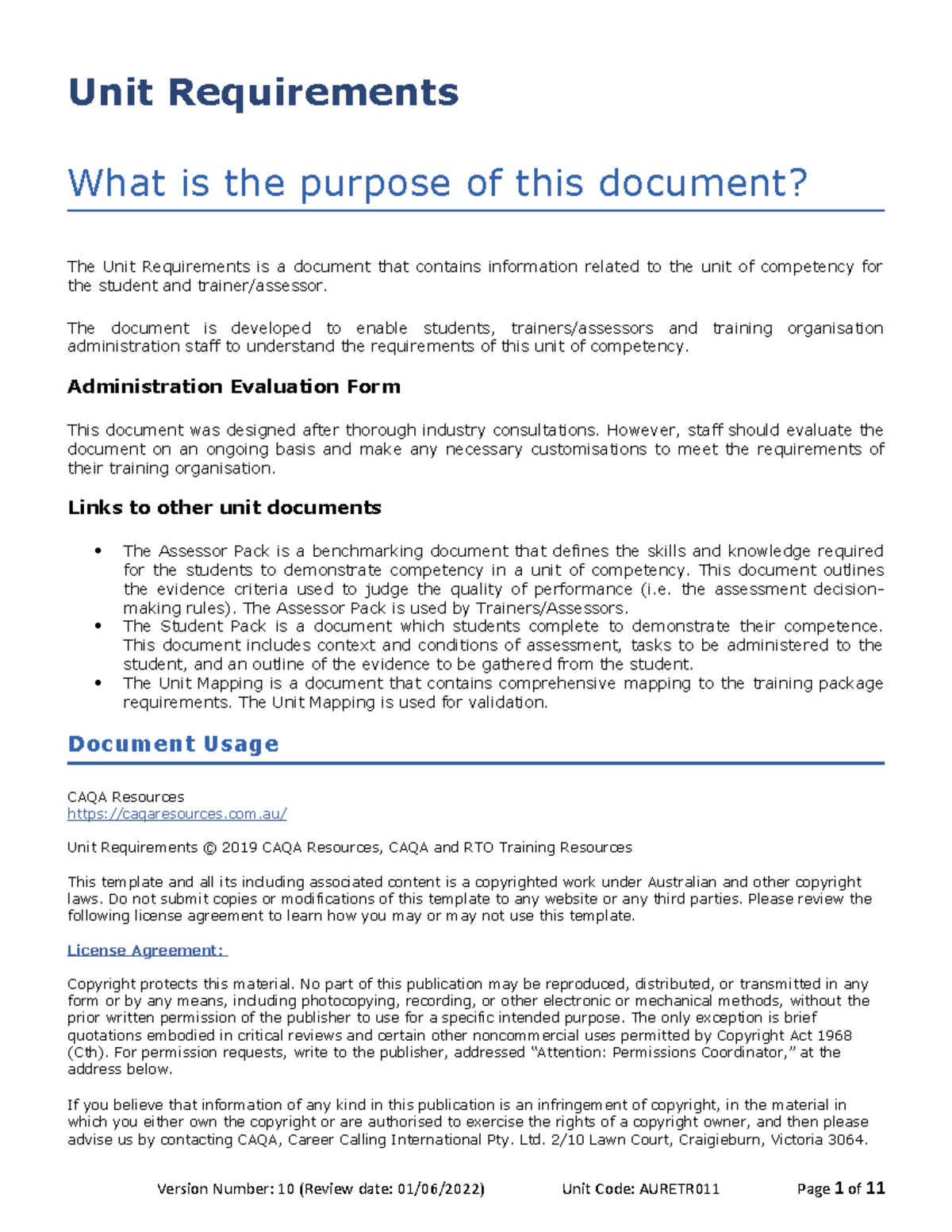 Auretr 011 Unit Requirements V10 - What is the purpose of this document ...