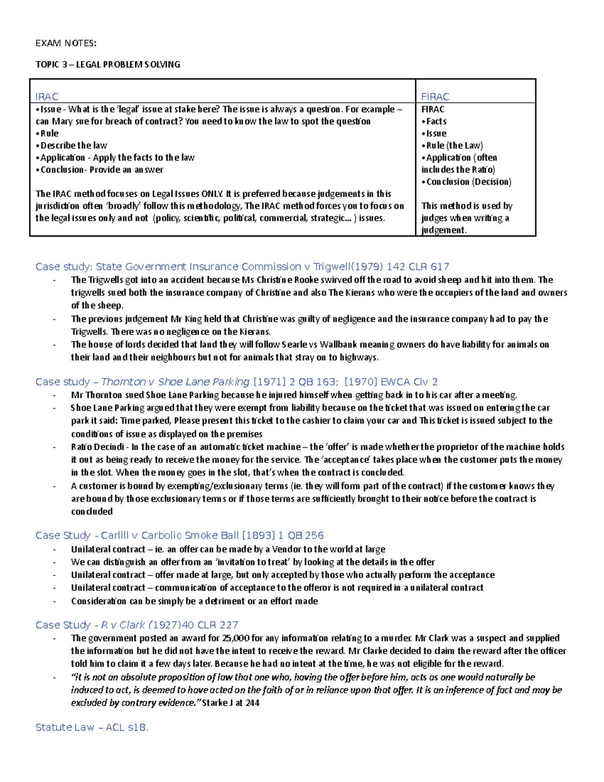 Finished Notes - EXAM NOTES: TOPIC 3 – LEGAL PROBLEM SOLVING IRAC FIRAC ...