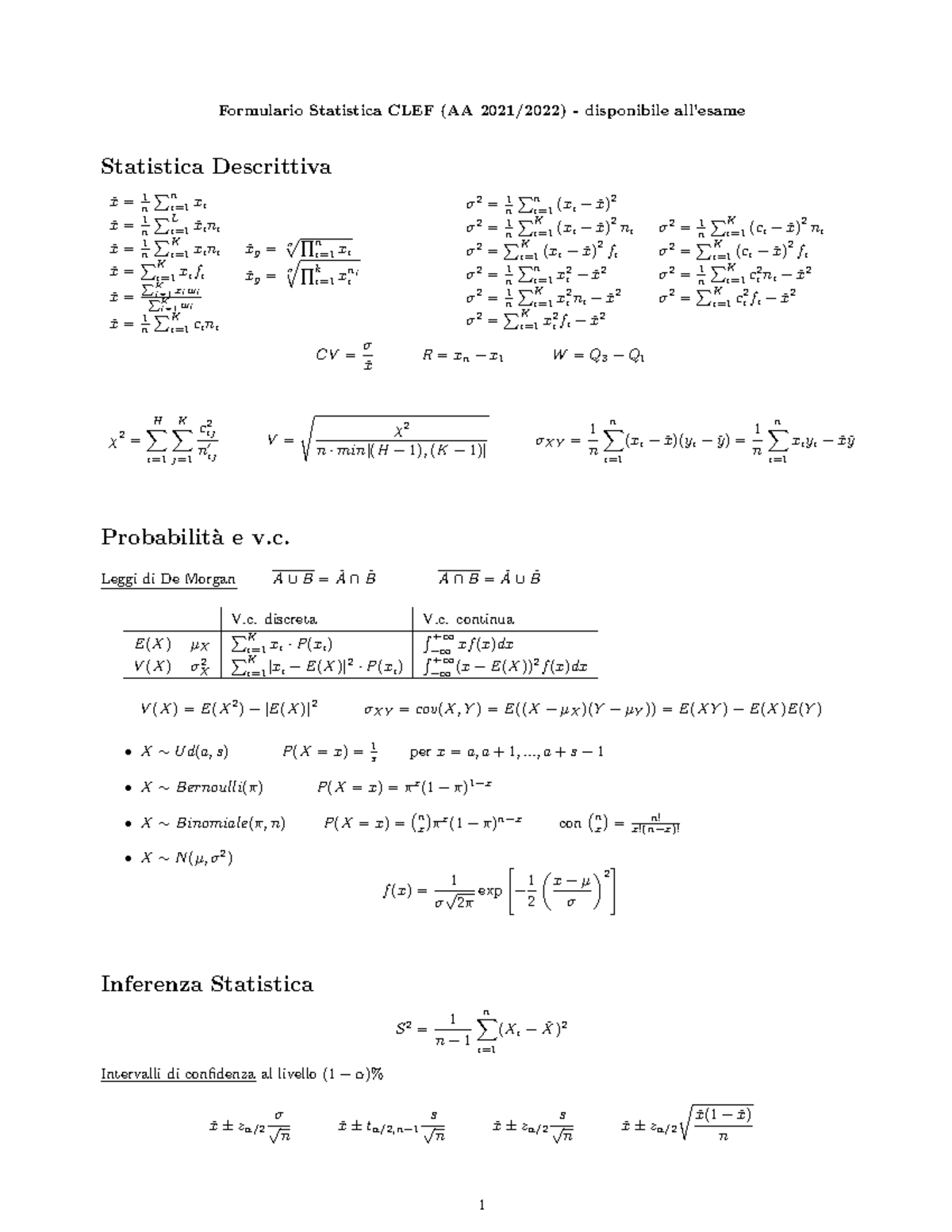 Formulario CLEF 2021 Esame - Formulario Statistica CLEF (AA 2021/2022) - disponibile all’esame ...