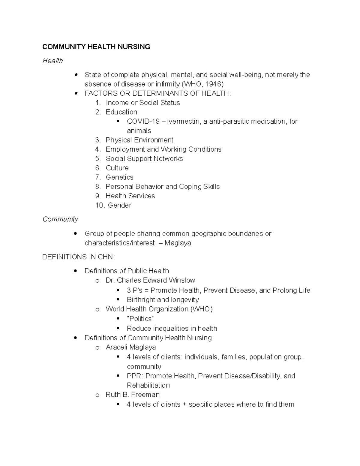 CHN- Notes - COMMUNITY HEALTH NURSING Health State of complete physical ...