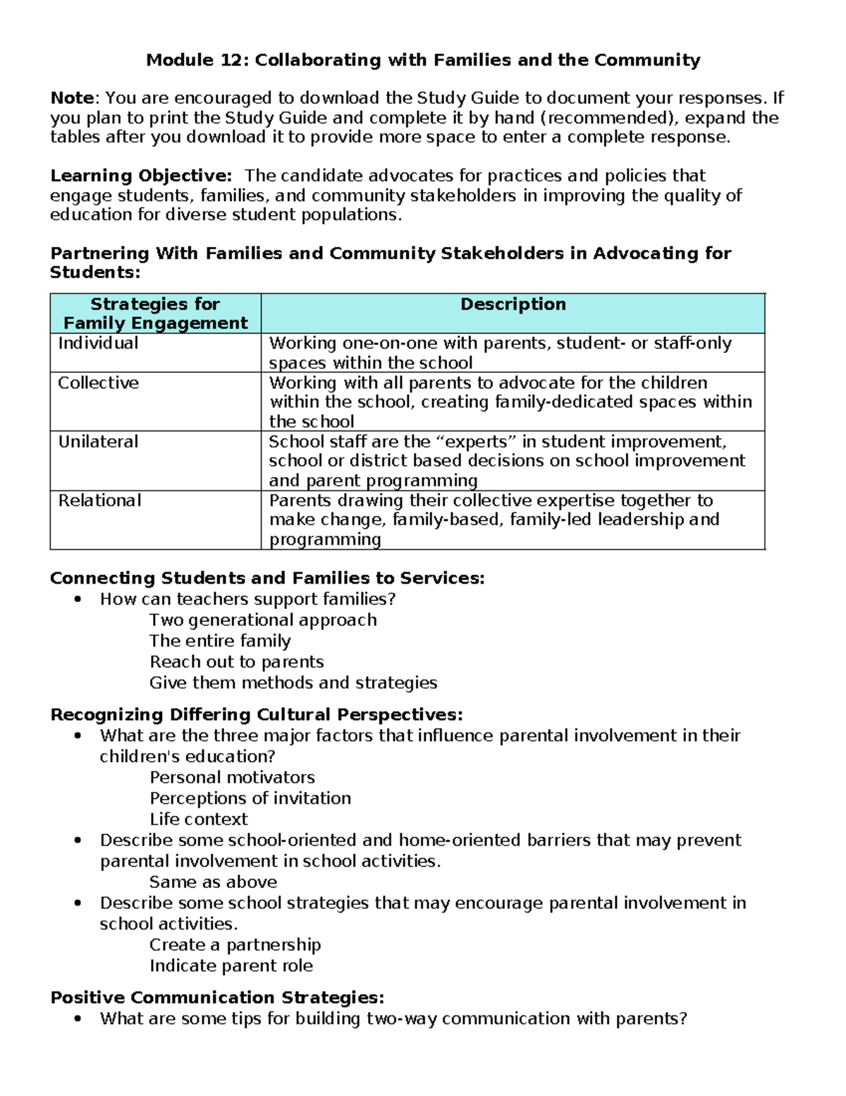 D096 Study Guide 12 - 222 - Module 12: Collaborating with Families and ...