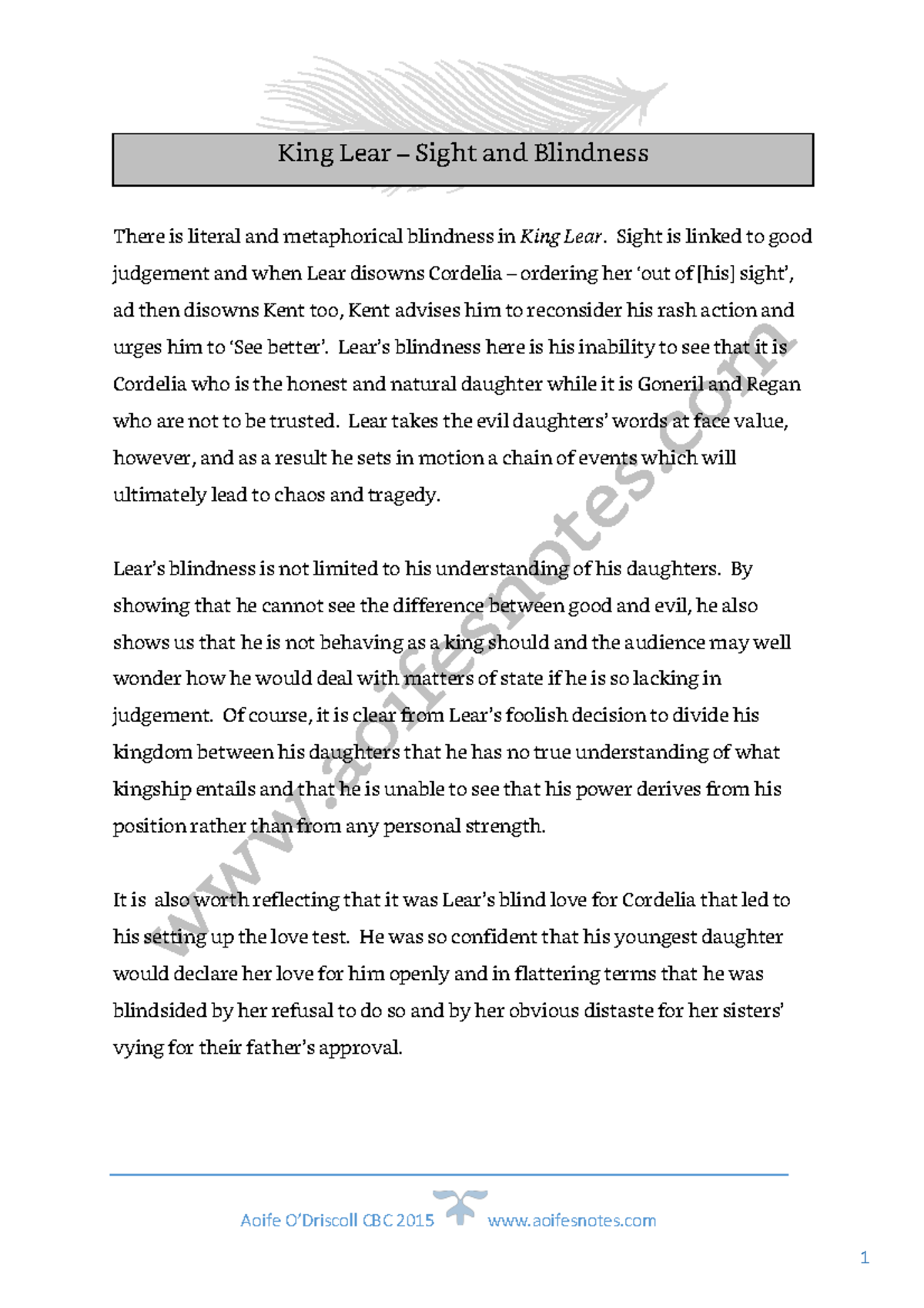 King Lear - Imagery - Sight and Blindness - Aoife O’Driscoll CBC 2015 ...