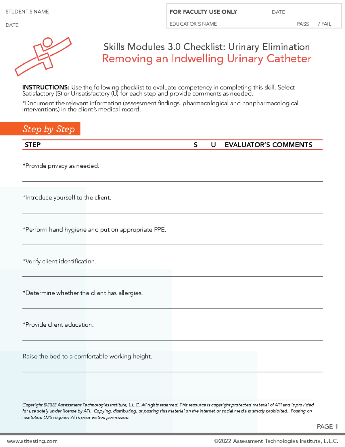 Skills Checklist Urinary removal - atitesting ©2022 Assessment ...