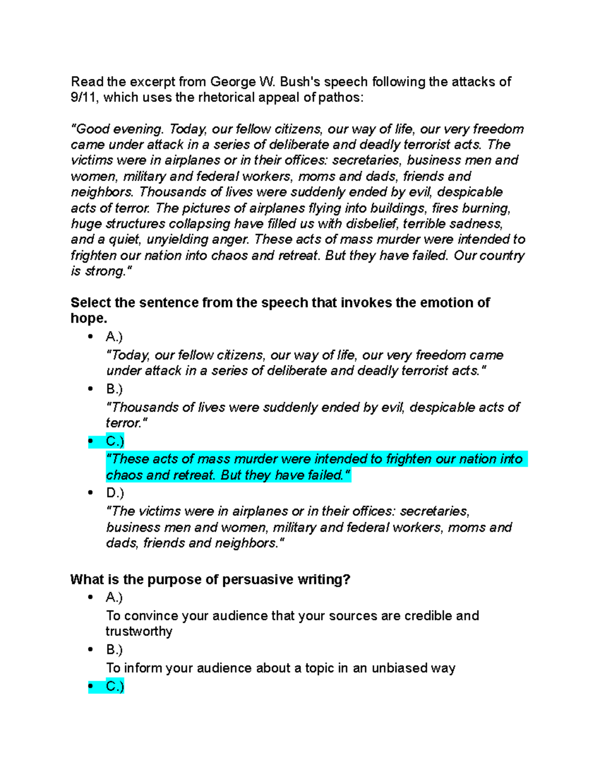 Workplace Writing IIUnit 1 - Read the excerpt from George W. Bush's ...