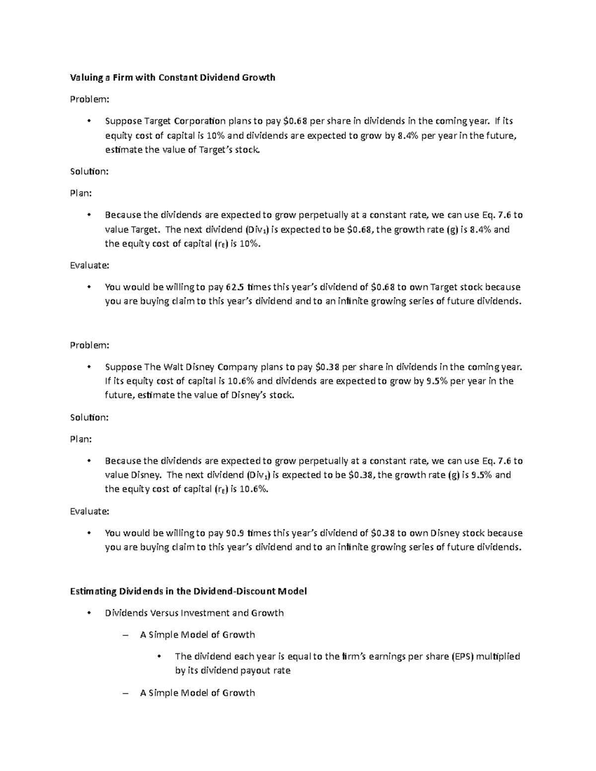 Lecture Notes 7c - Valuing a Firm with Constant Dividend Growth Problem ...