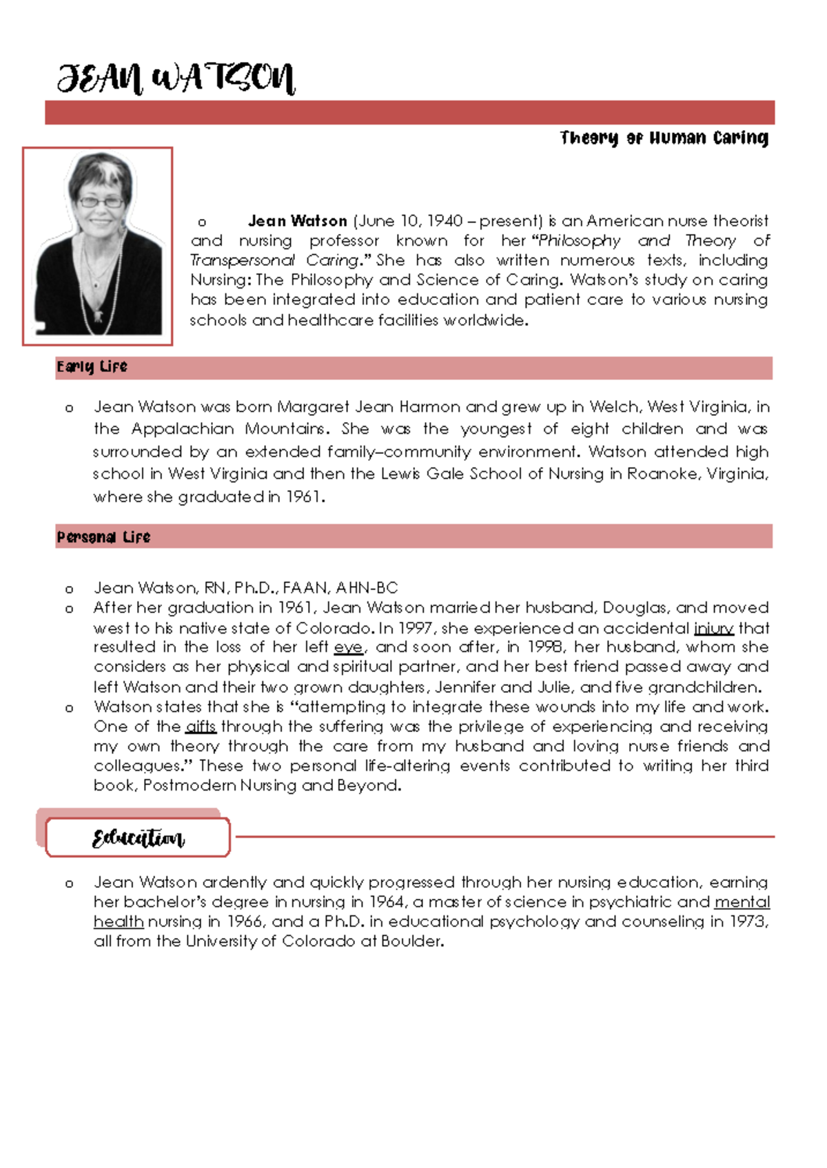 JEAN- Watson - Lecture Notes - JEAN WATSON Theory of Human Caring o ...