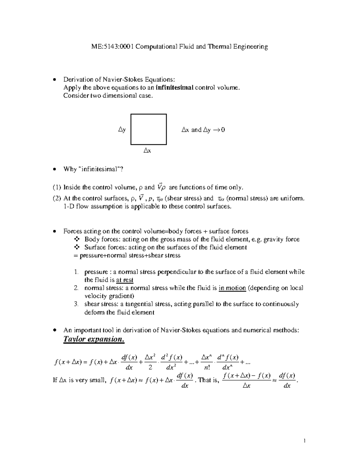 Taylor Series Expansion and Mass Conservation (Review 2D NS Equations) - ME:5143:0001 ...