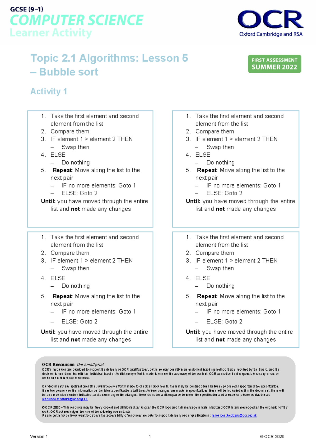 [49388 ]14 Algorithms L5 Activity 1 v1 - Topic 2 Algorithms: Lesson 5 – Bubble sort Activity 1 ...