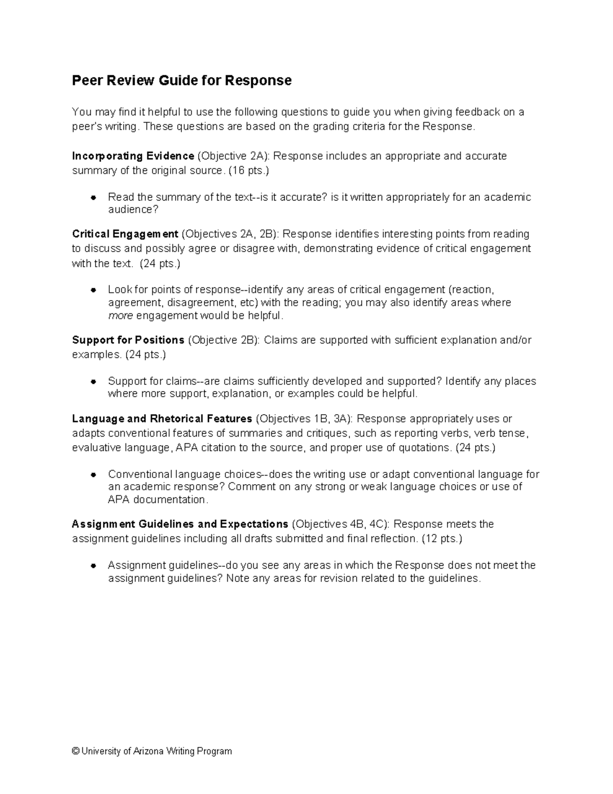 4 Peer Review for Response - Peer Review Guide for Response You may ...