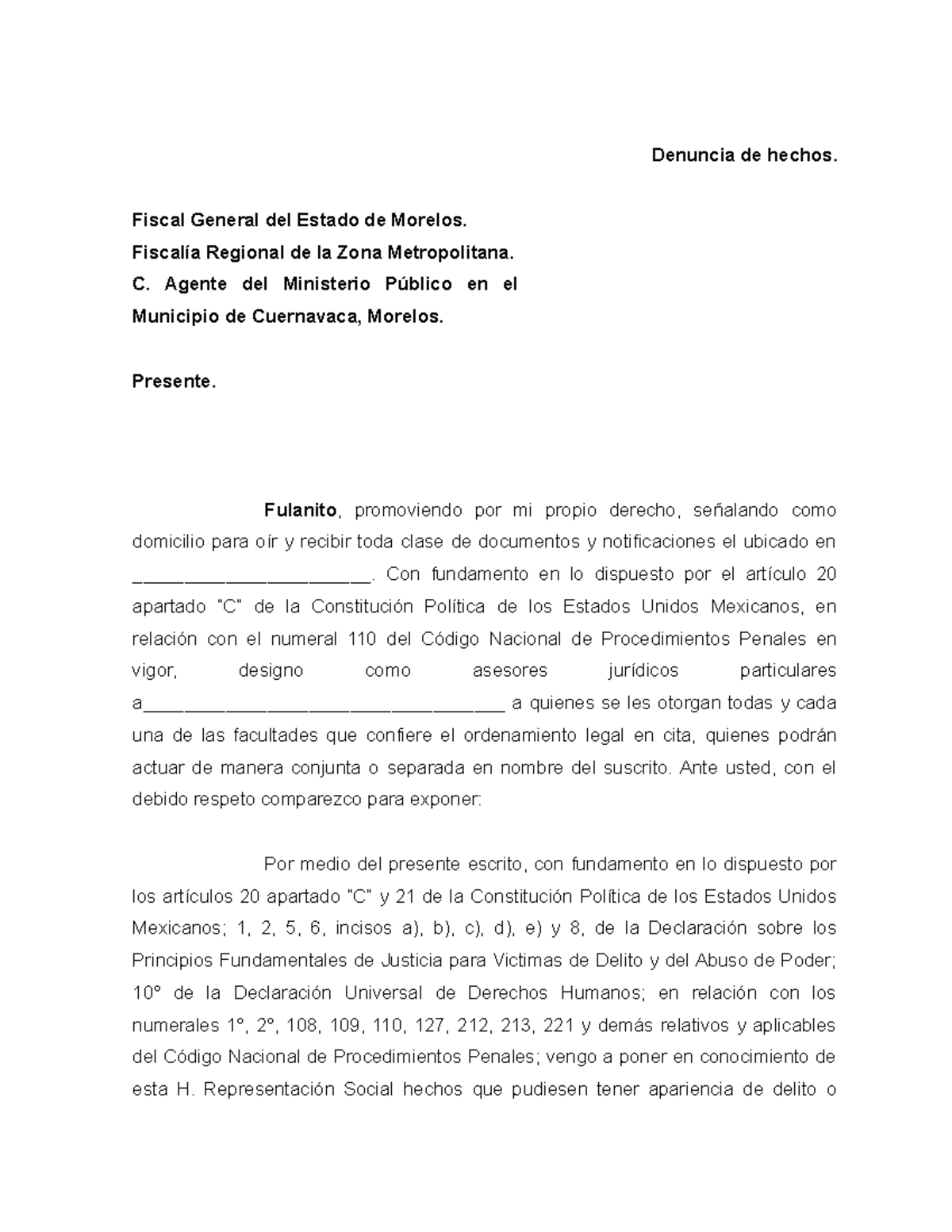Modelo denuncia Fraude - Denuncia de hechos. Fiscal General del Estado de Morelos. Fiscalía ...