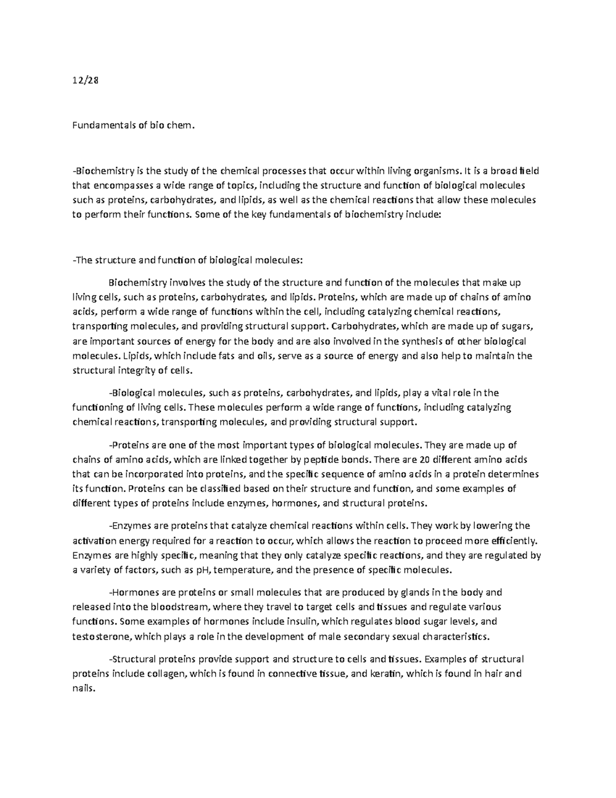 Fundamentals of bio chem -Biochemistry is the study of the chemical ...