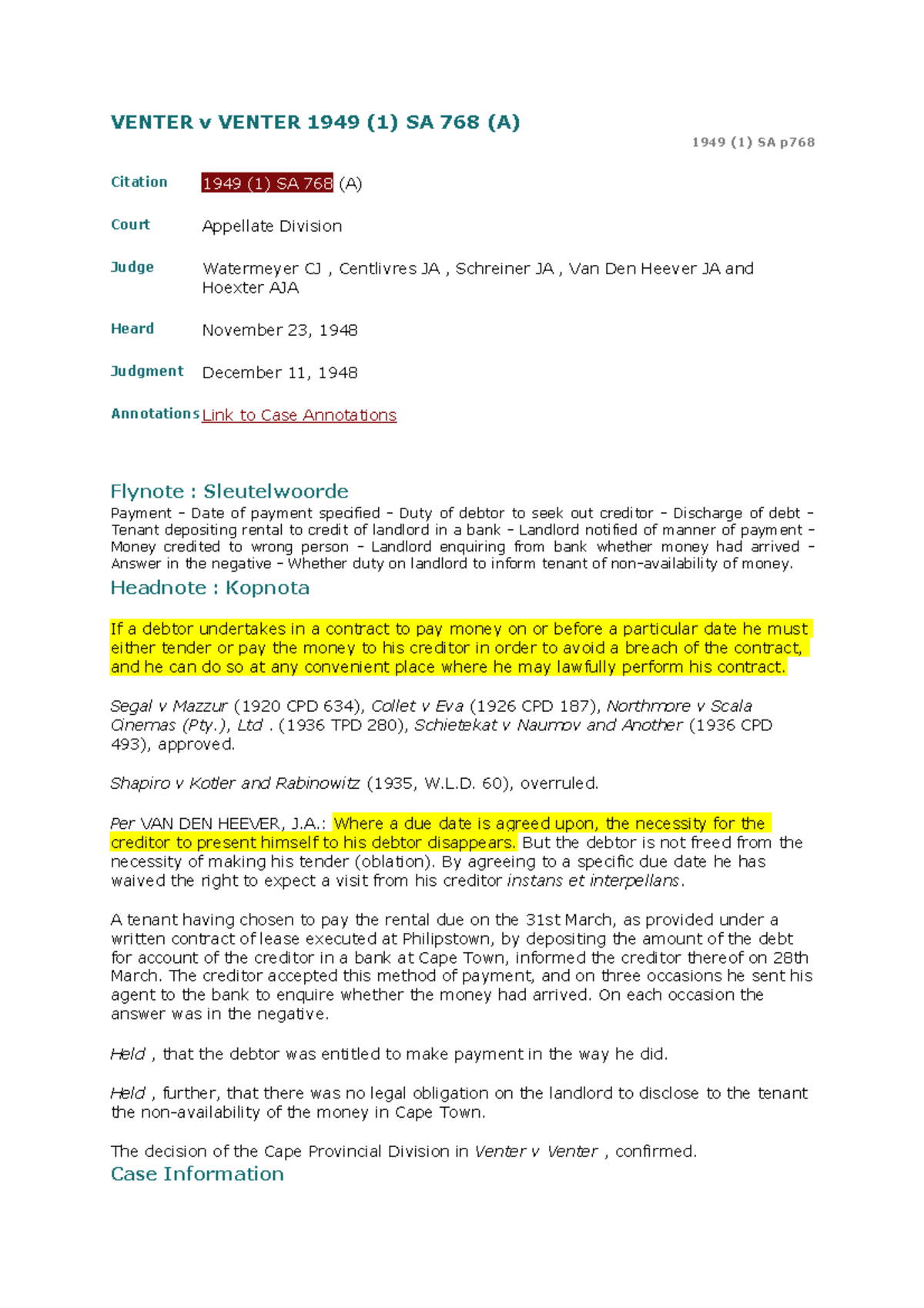 Venter V Venter Case - VENTER v VENTER 1949 (1) SA 768 (A) 1949 (1) SA ...