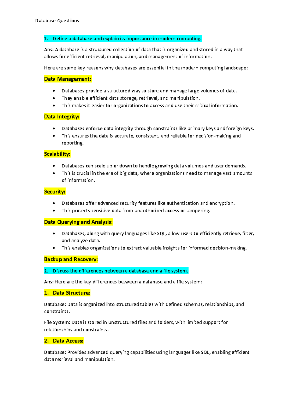 Database 45Questions - 1. Define a database and explain its importance ...